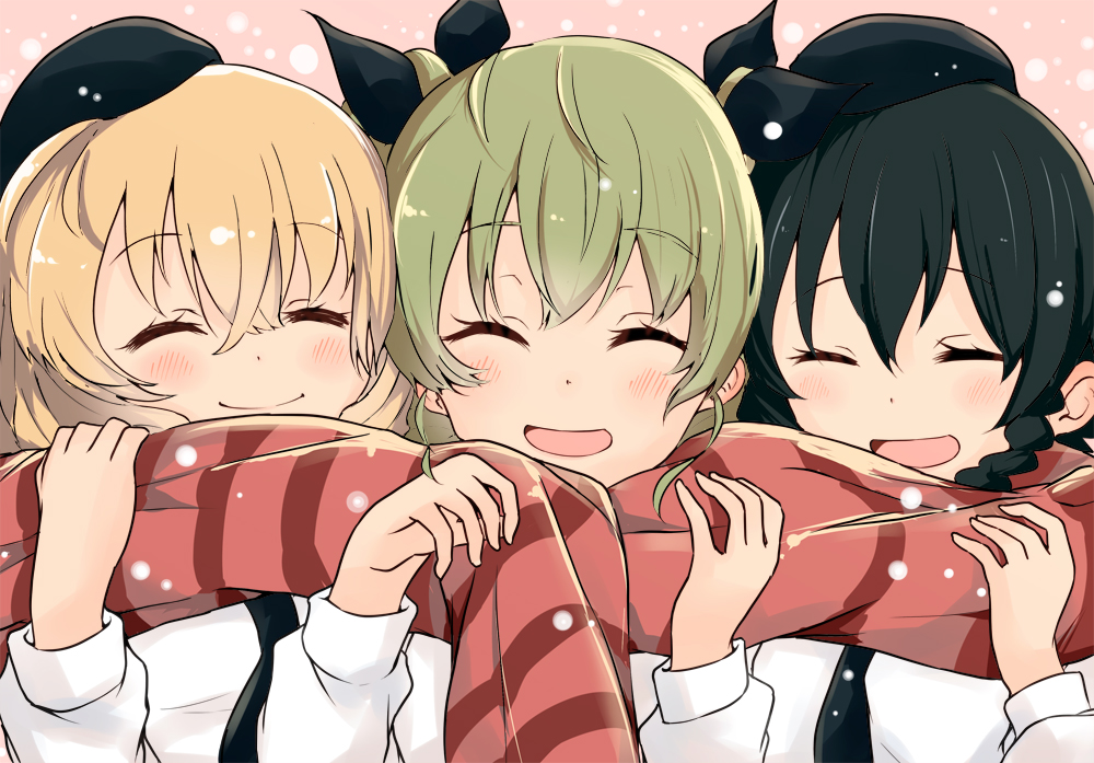 Safebooru - 3girls anchovy bangs barashiya beret black hair blonde hair braid carpaccio closed ...