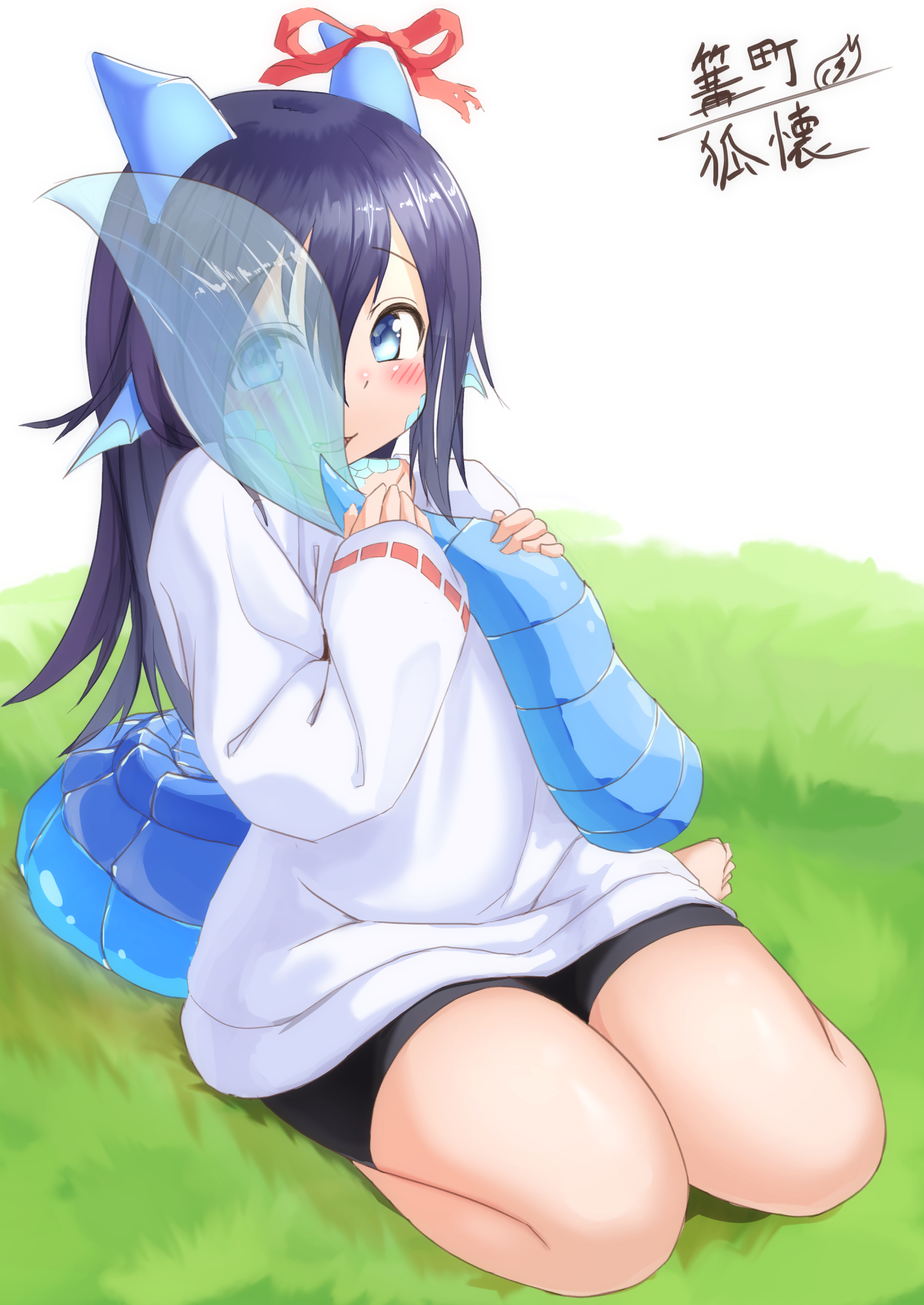 Safebooru - 1girl absurdres bangs bike shorts black shorts blue eyes blush commentary request ...