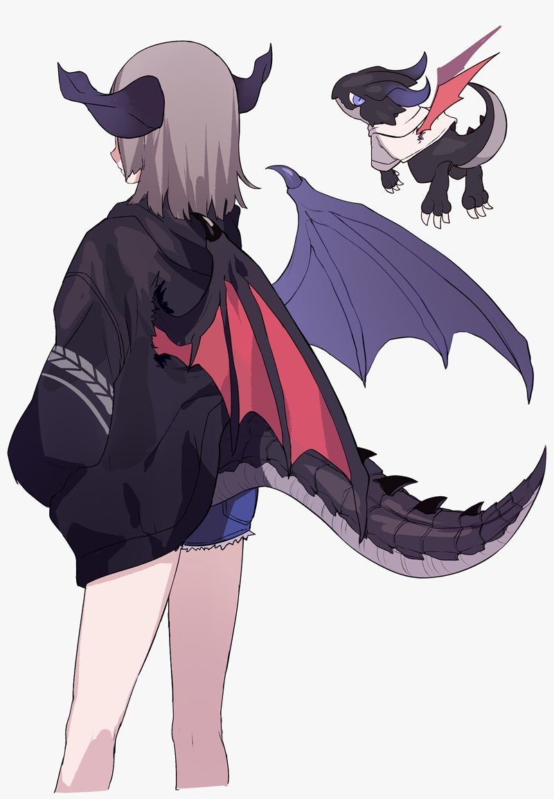 Safebooru - 1girl blue shorts creature cropped legs cutoffs dragon dragon girl dragon horns ...