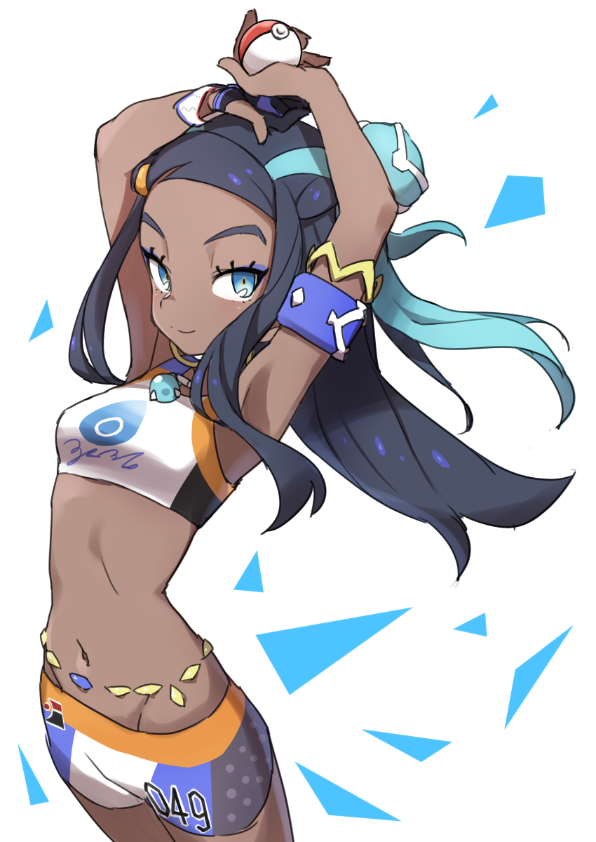 Safebooru - 1girl armpits arms up bike shorts black hair blue eyes breasts dark skin eyeliner ...