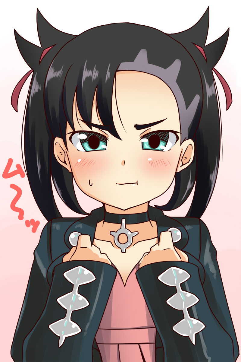 Safebooru - 1girl :t aqua eyes black hair blush choker clenched hands ...