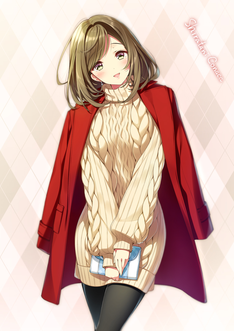 Safebooru - 1girl :d aran sweater argyle argyle background bag bangs black legwear blush ...