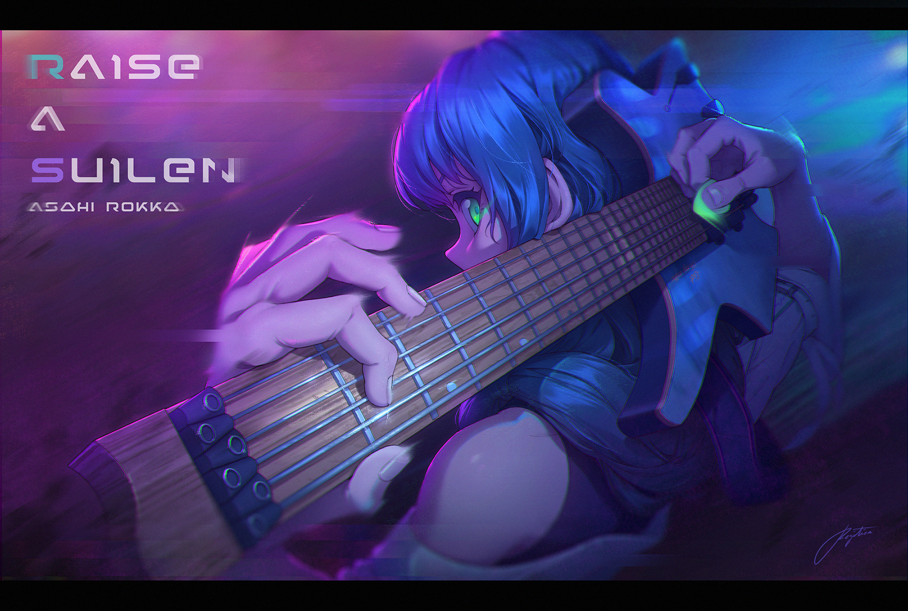 Safebooru - 1girl asahi rokka bang dream! bangs blue hair character name electric guitar english ...