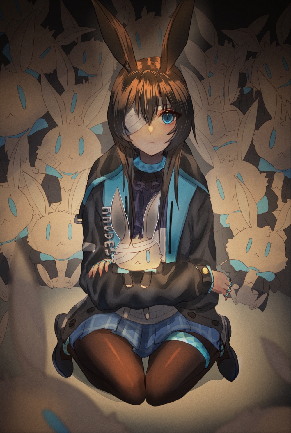 Safebooru - 1girl amiya (arknights) animal ears arknights ascot bandage over one eye bangs black ...