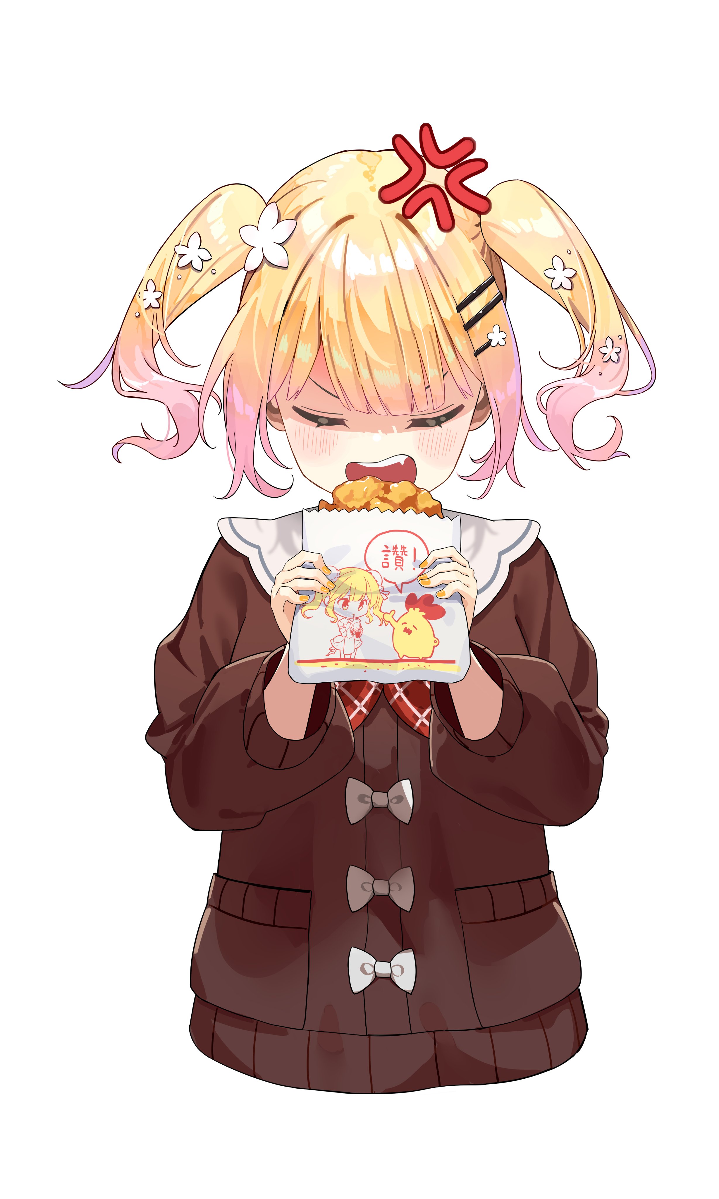 Safebooru - 1girl absurdres anger vein angry blunt bangs brown cardigan cardigan chicken (food ...