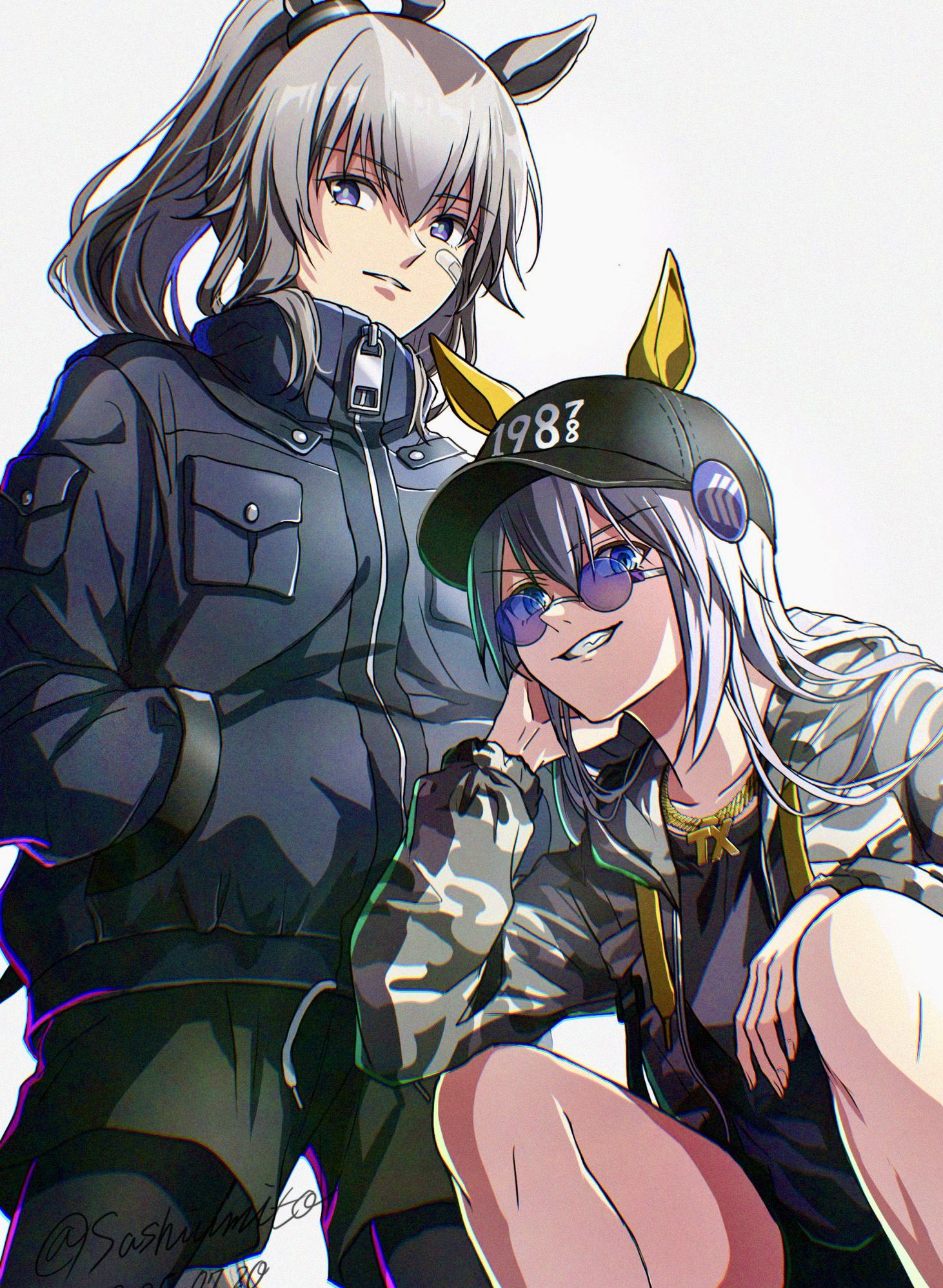 Safebooru - 2girls alternate costume animal ears bandaid bandaid on face black hat black jacket ...