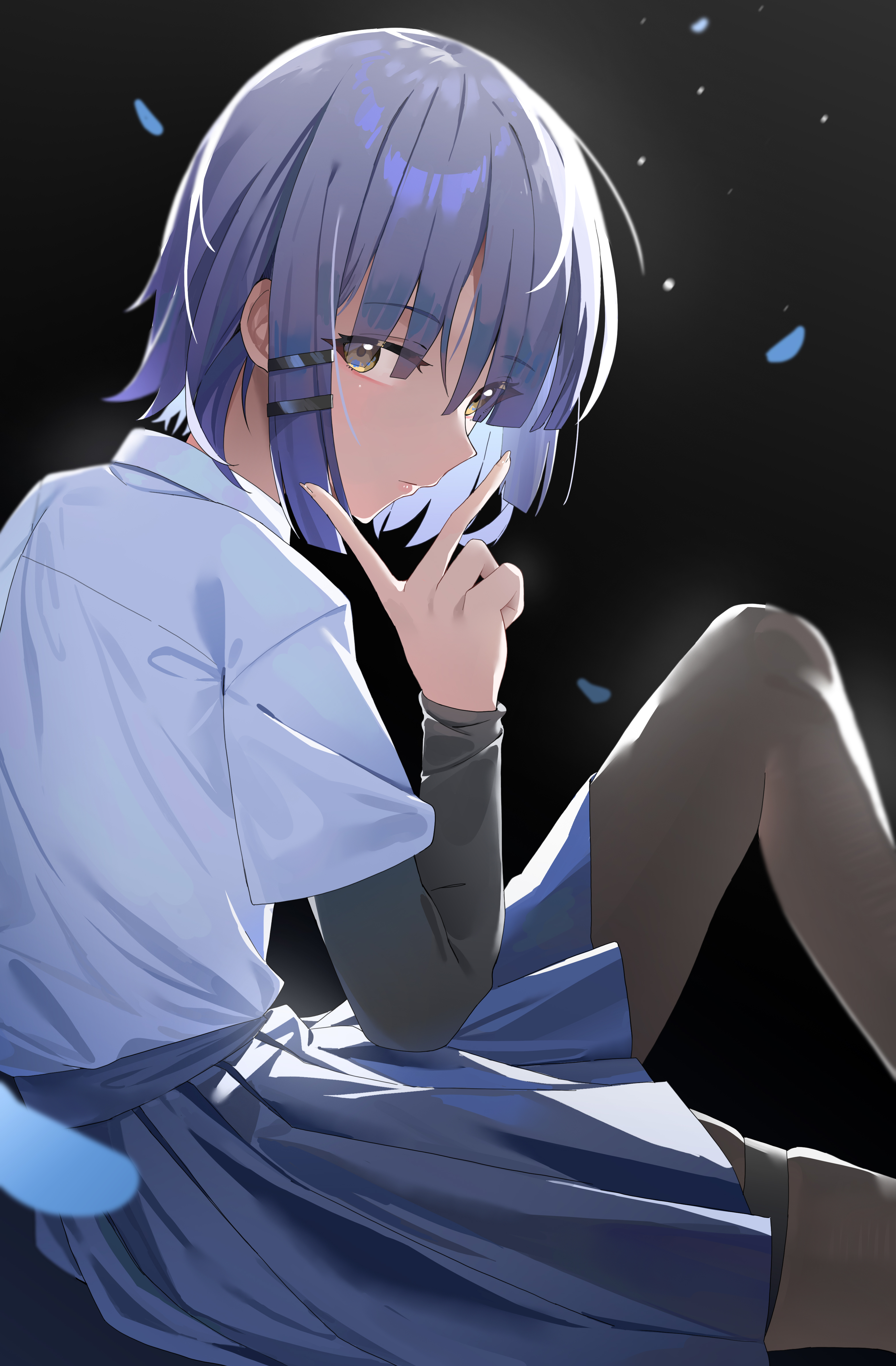 Safebooru - 1girl absurdres black background black pantyhose black sleeves blue hair blue petals ...