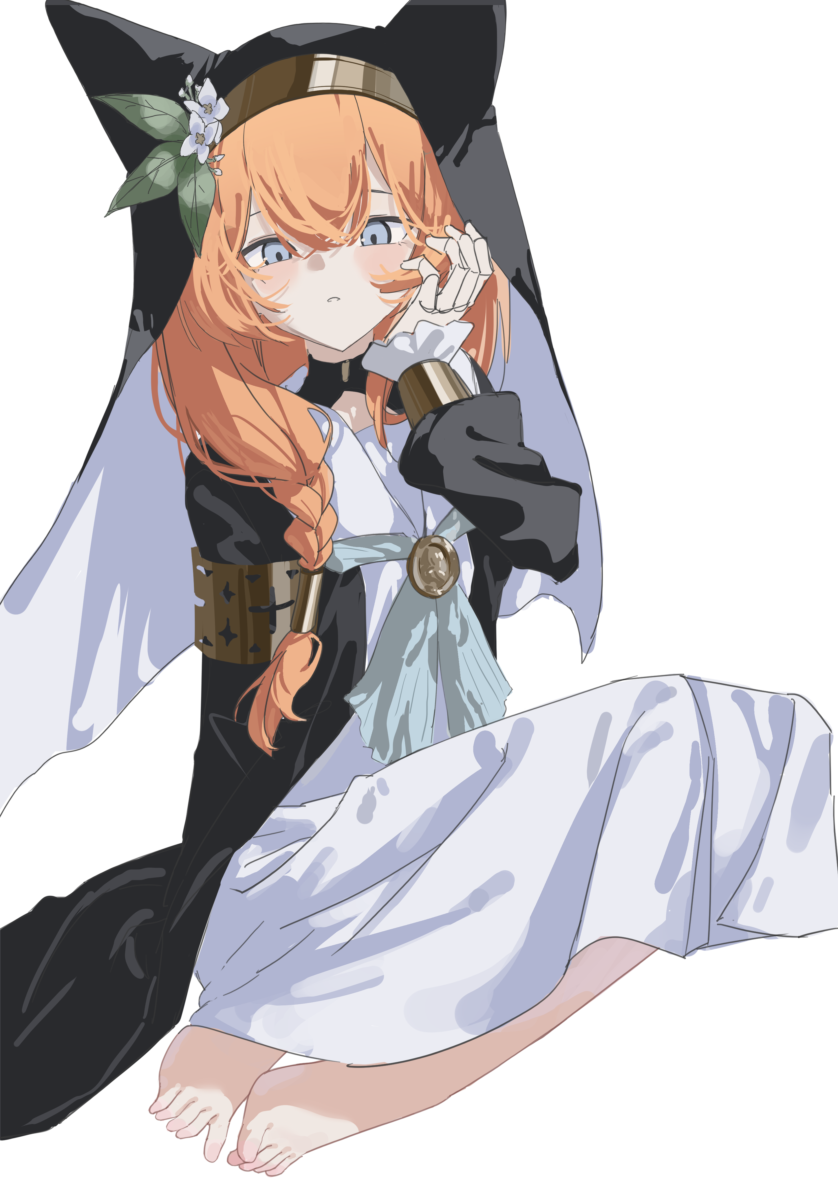 Safebooru - 1girl absurdres animal ear headwear animal ears arm up armlet barefoot black coat ...