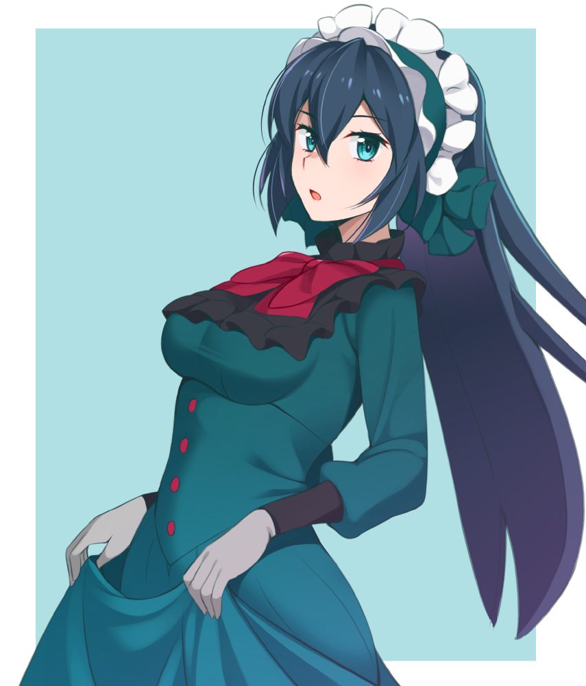 Safebooru - 1girl :o alternate costume aqua eyes bangs black hair blue background blue dress bow ...