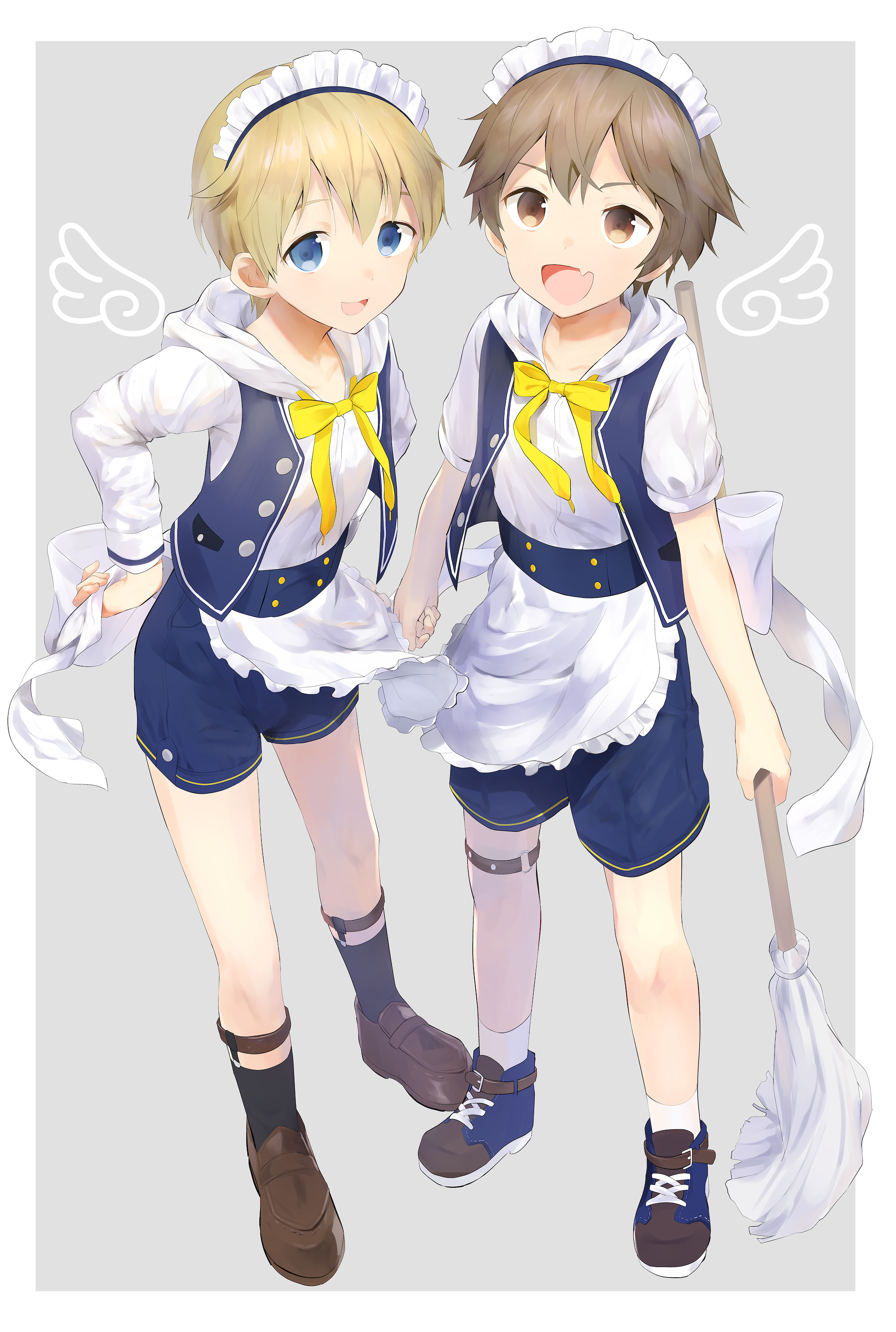 Safebooru - 2boys absurdres alternate costume apron black legwear blonde hair blue eyes brown ...