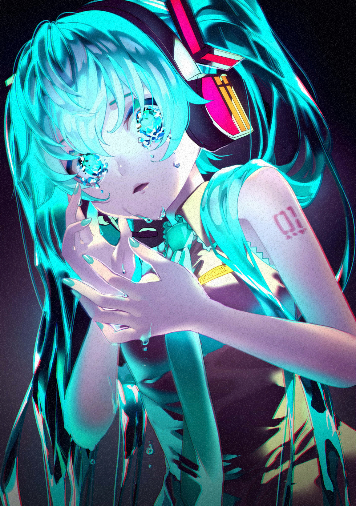 Safebooru - 1girl aqua eyes aqua hair aqua nails aqua neckwear bangs breasts crying crying with ...