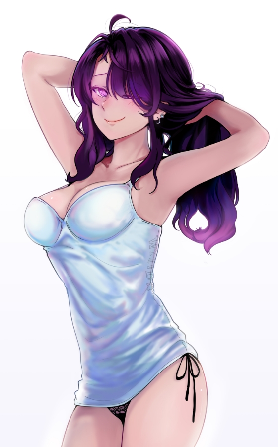 Safebooru - 1girl ;) adjusting hair beifeng han black panties breasts camisole cowboy shot ...