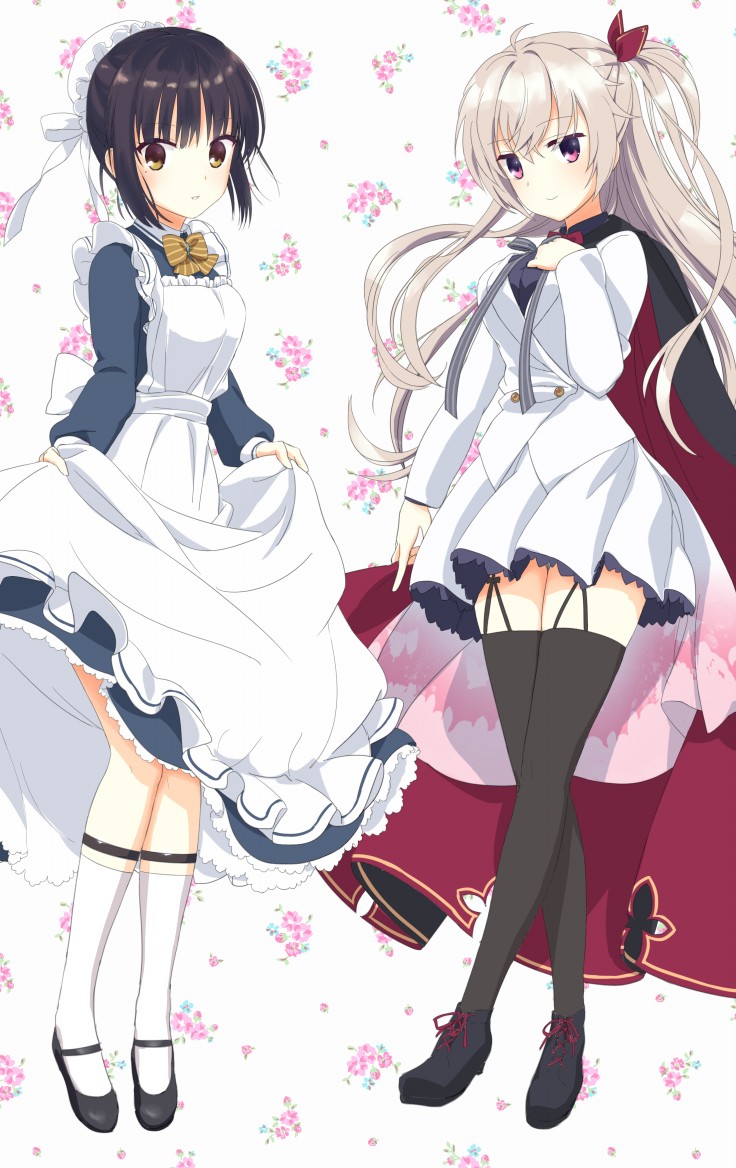 Safebooru - 2girls akizuki kanna apron black cape black footwear black hair black legwear ...