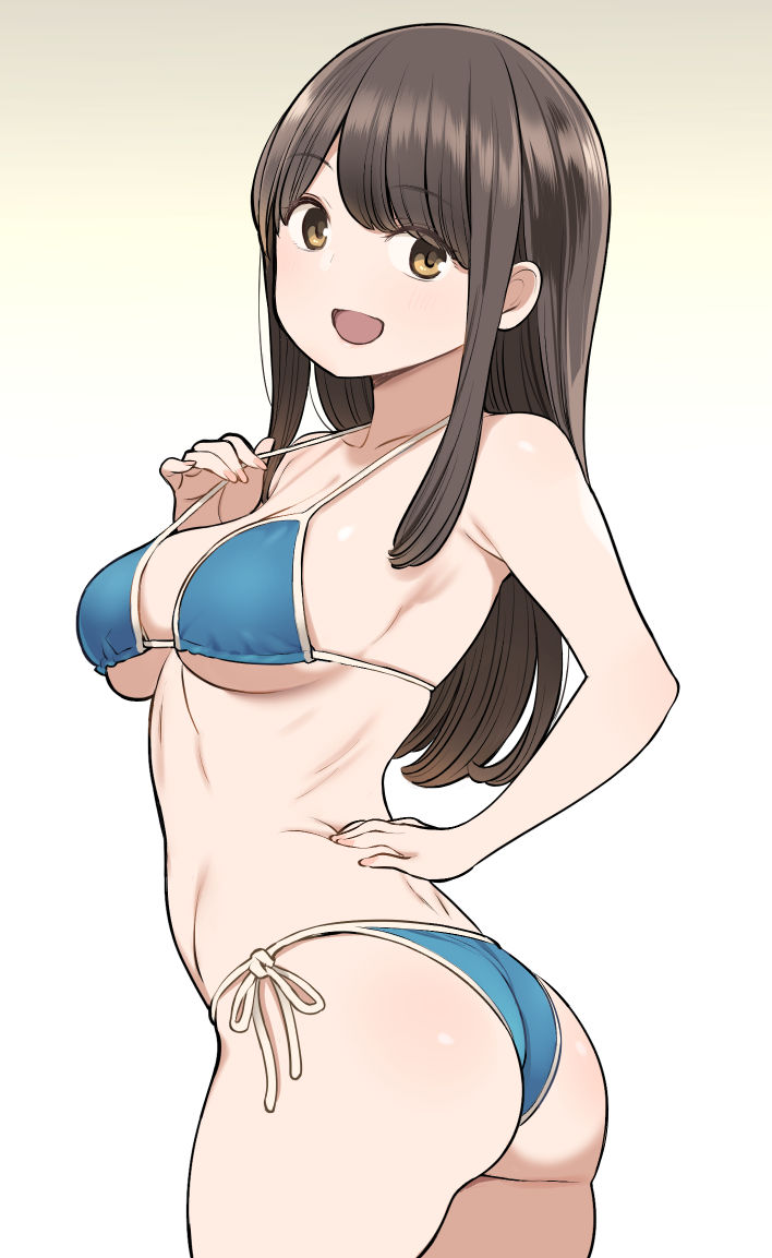 Safebooru - 1girl :d ass bikini blue bikini breasts brown eyes brown hair eyebrows visible ...