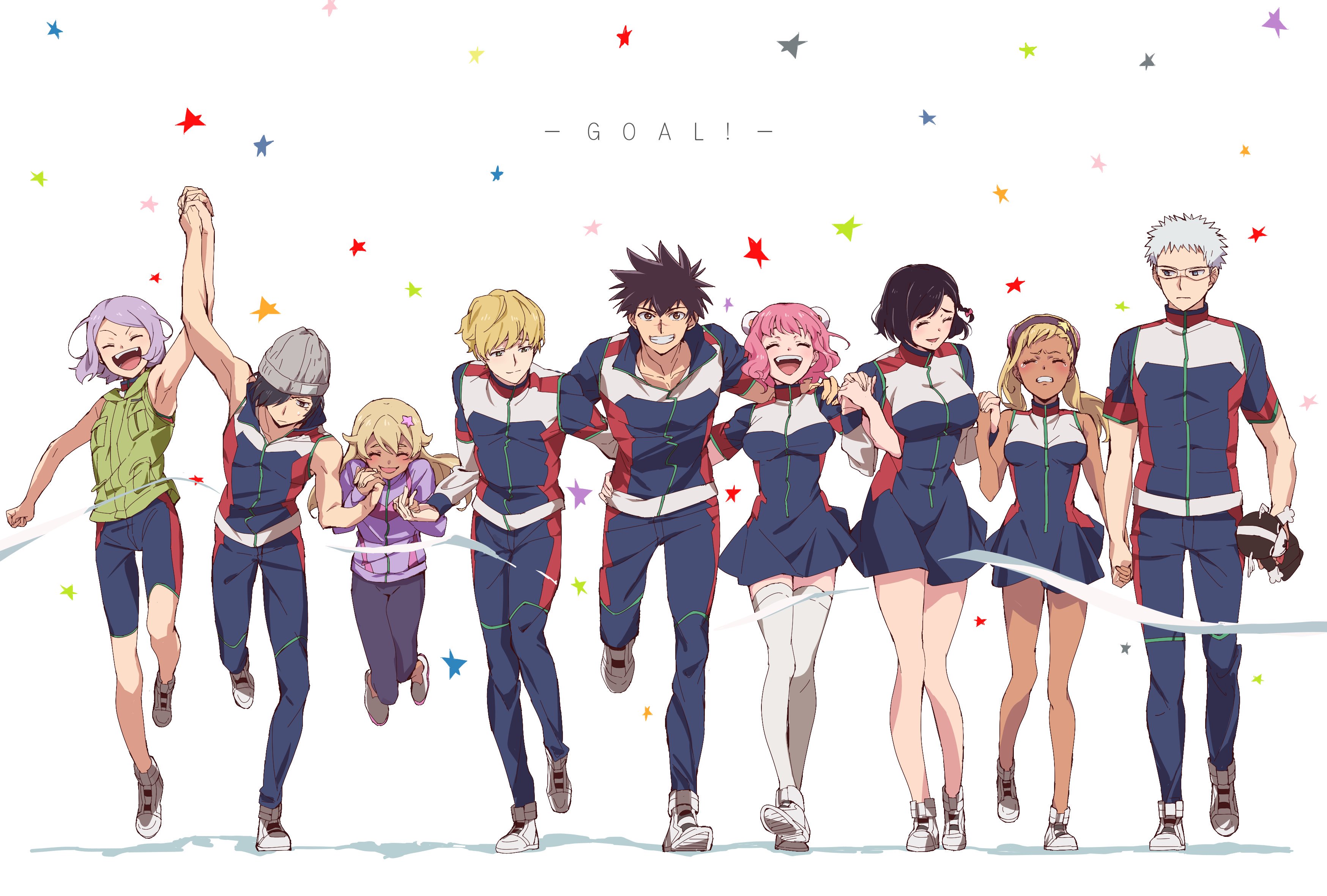 Safebooru - 4girls 5boys ^ ^ ^o^ absurdres aries spring arm up bare arms black hair blonde hair ...