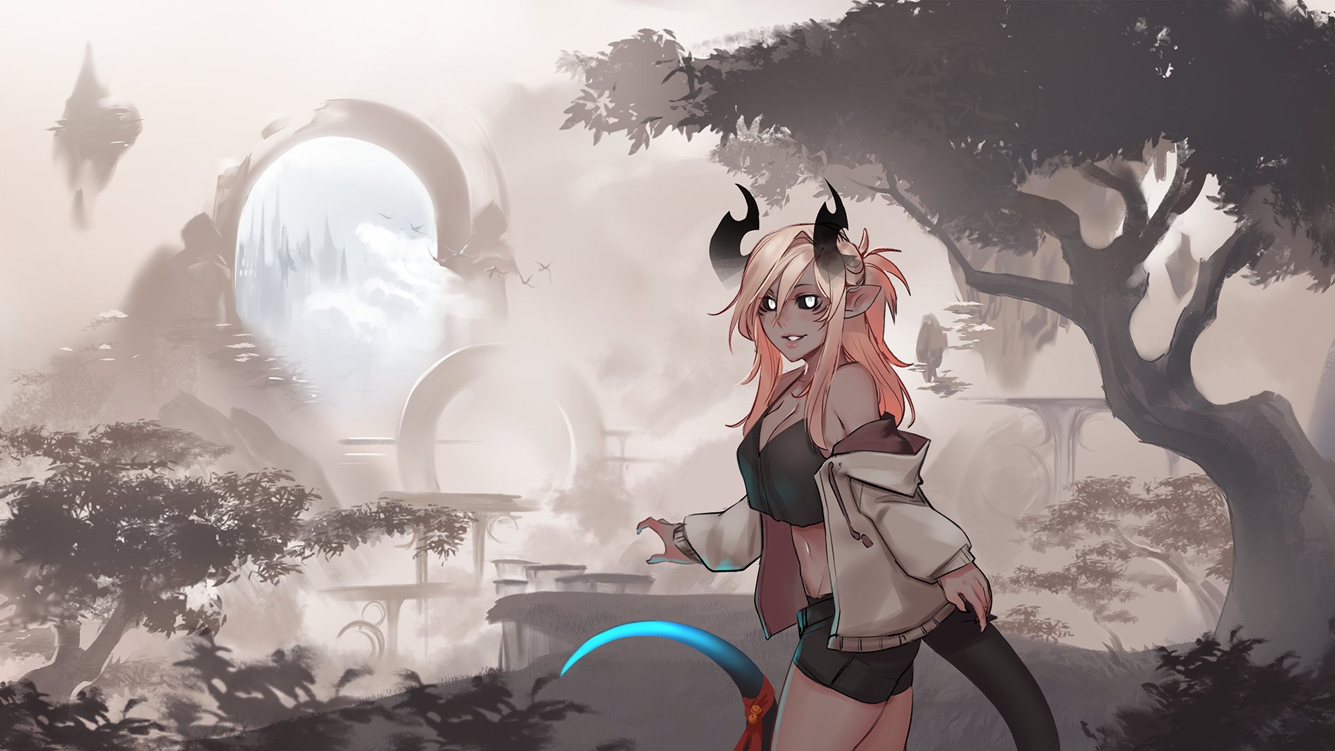 Safebooru - 1girl aiko (less) arch bangs bare shoulders bell bird black camisole black sclera ...