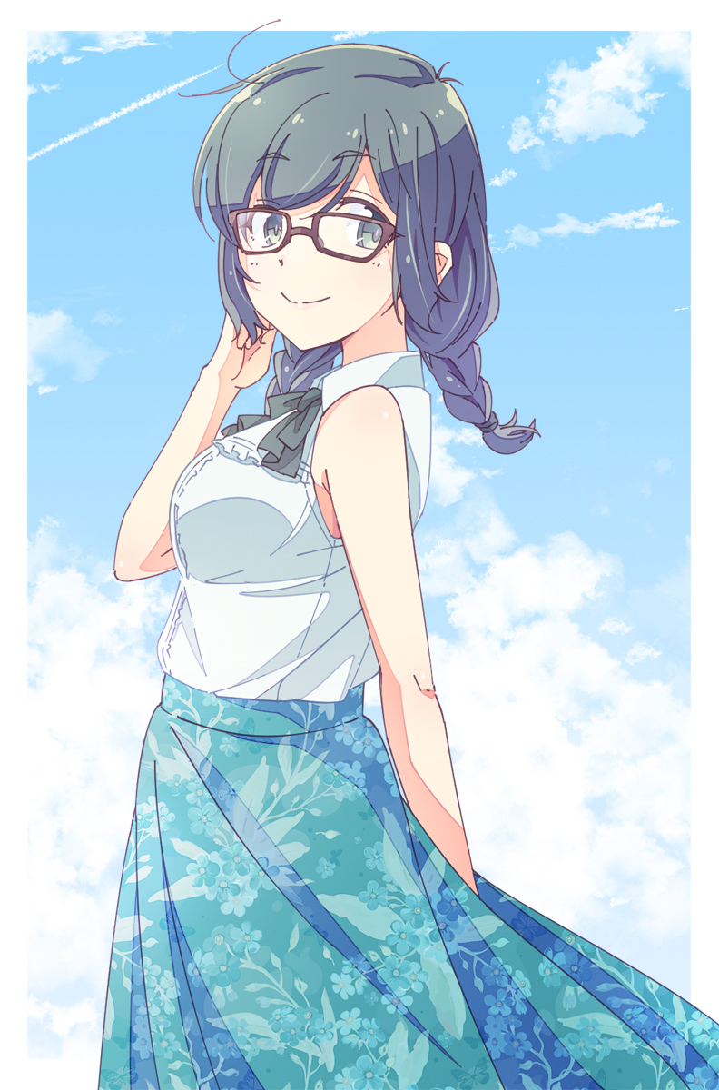 Safebooru - 1girl ahoge aqua skirt arm behind back bangs black-framed eyewear black eyes black ...