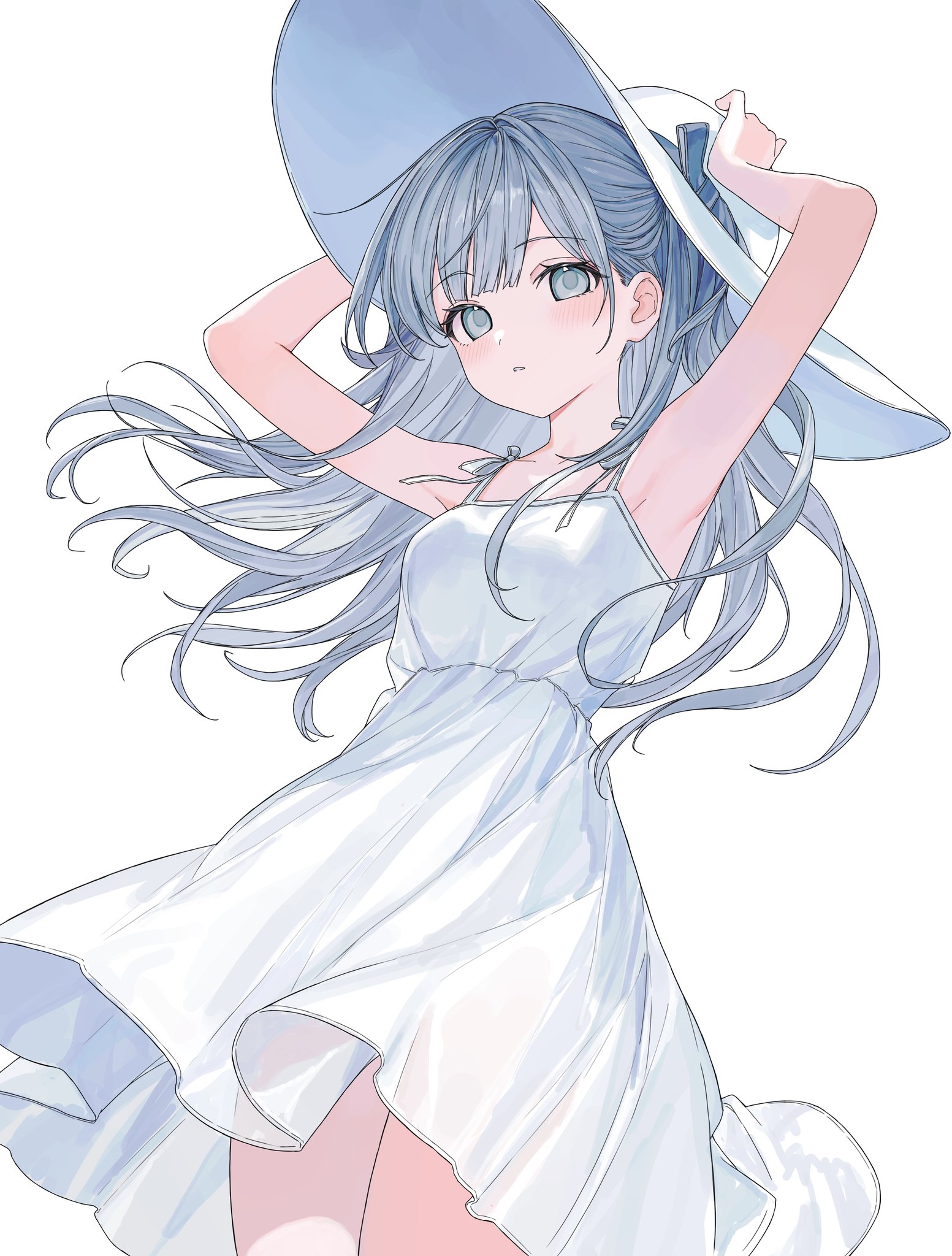 Safebooru - 1girl arms up bare arms blush breasts commentary cowboy shot dress grey eyes grey ...