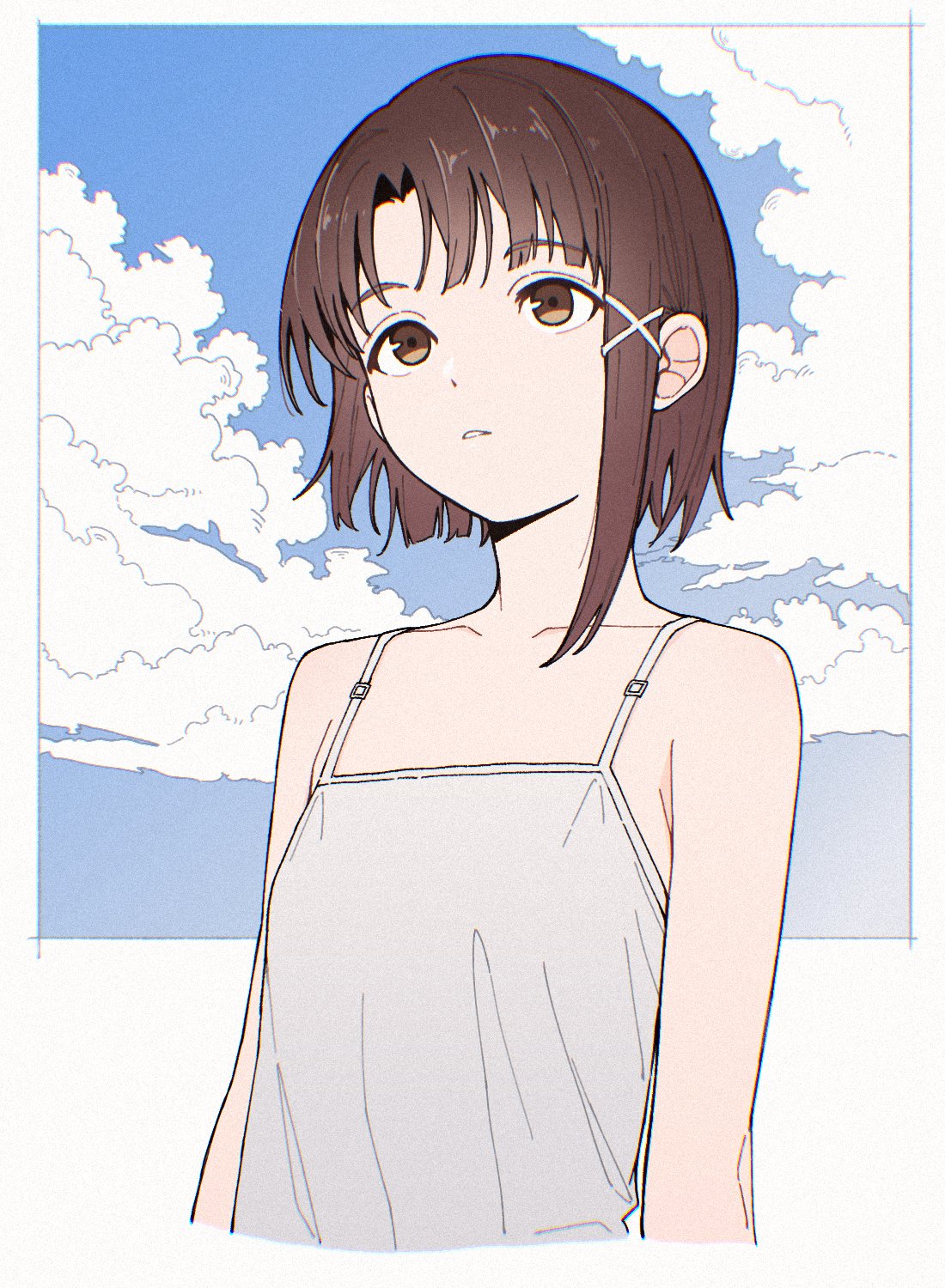 Safebooru - 1girl blue sky border brown eyes brown hair camisole clouds cloudy sky collarbone ...