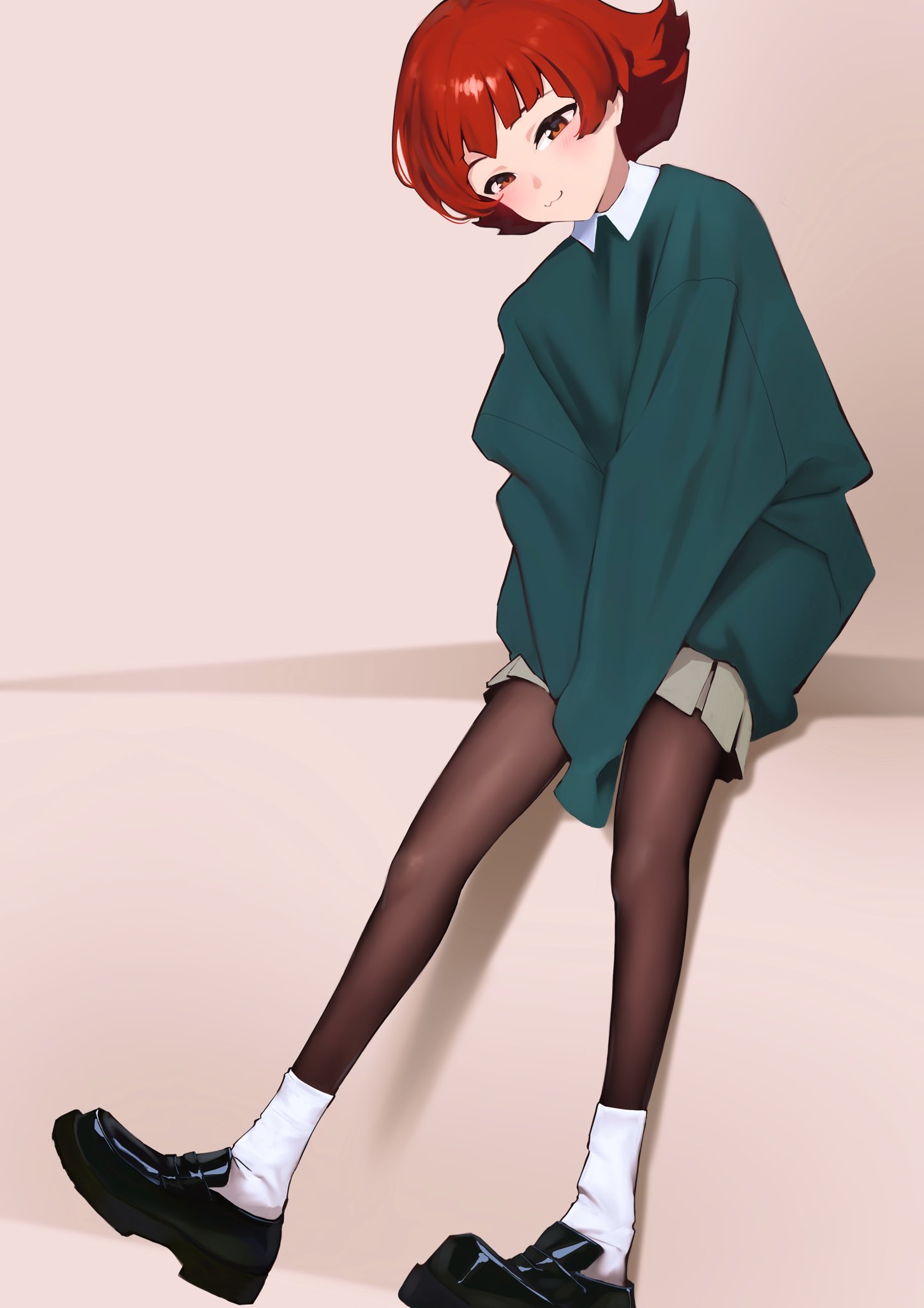 Safebooru - 1girl :3 black shoes blush brown pantyhose closed mouth full body green sweater grey ...