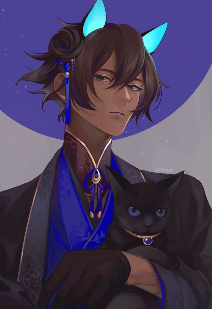 Safebooru - 1boy animal ears arjuna alter black cat black eyes black gloves brown hair cat cat ...