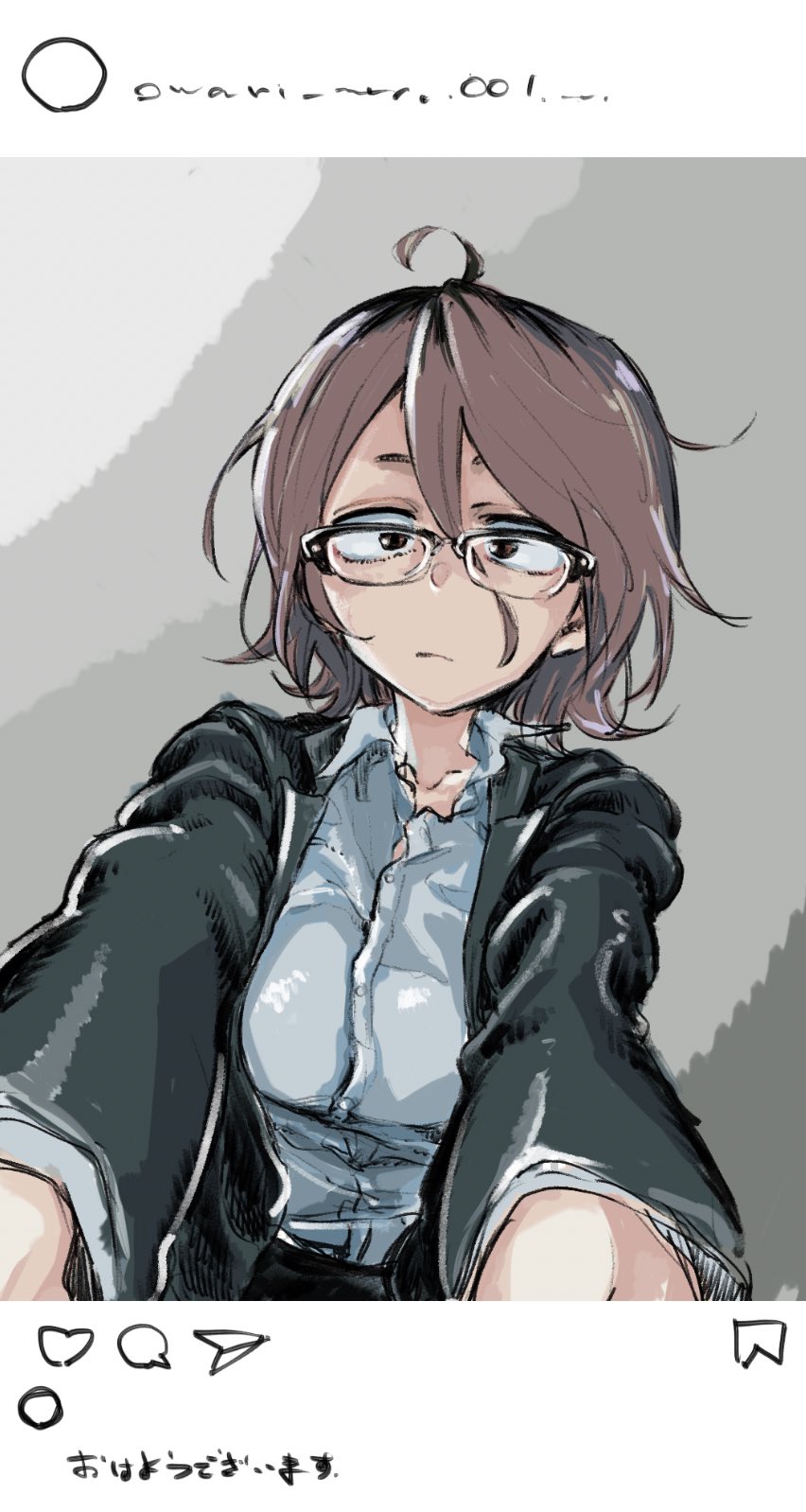 Safebooru - 1girl ahoge brown eyes brown hair dagashi kashi glasses highres jacket kotoyama ...