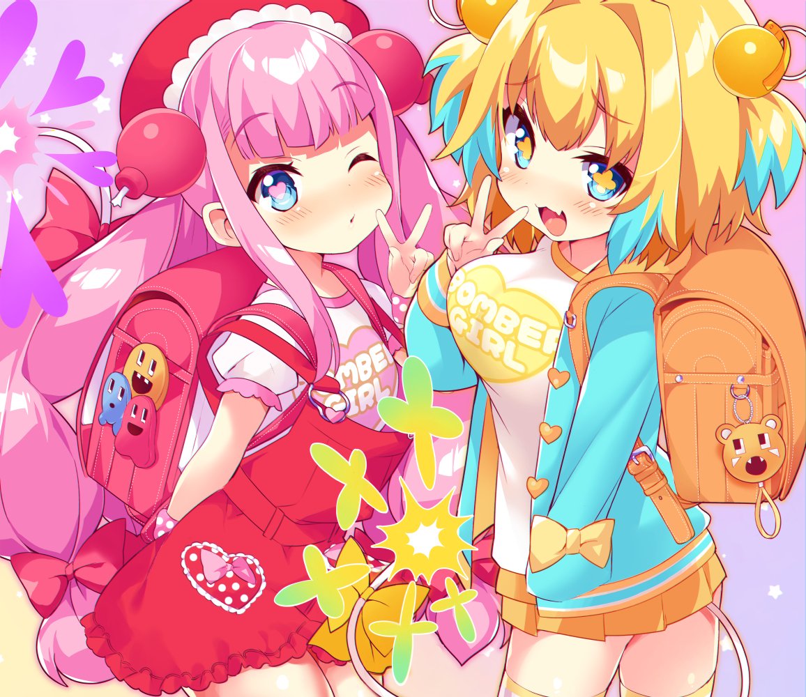 Safebooru - + + 2girls :3 alternate costume backpack bag bangs blonde hair blush bombergirl bow ...