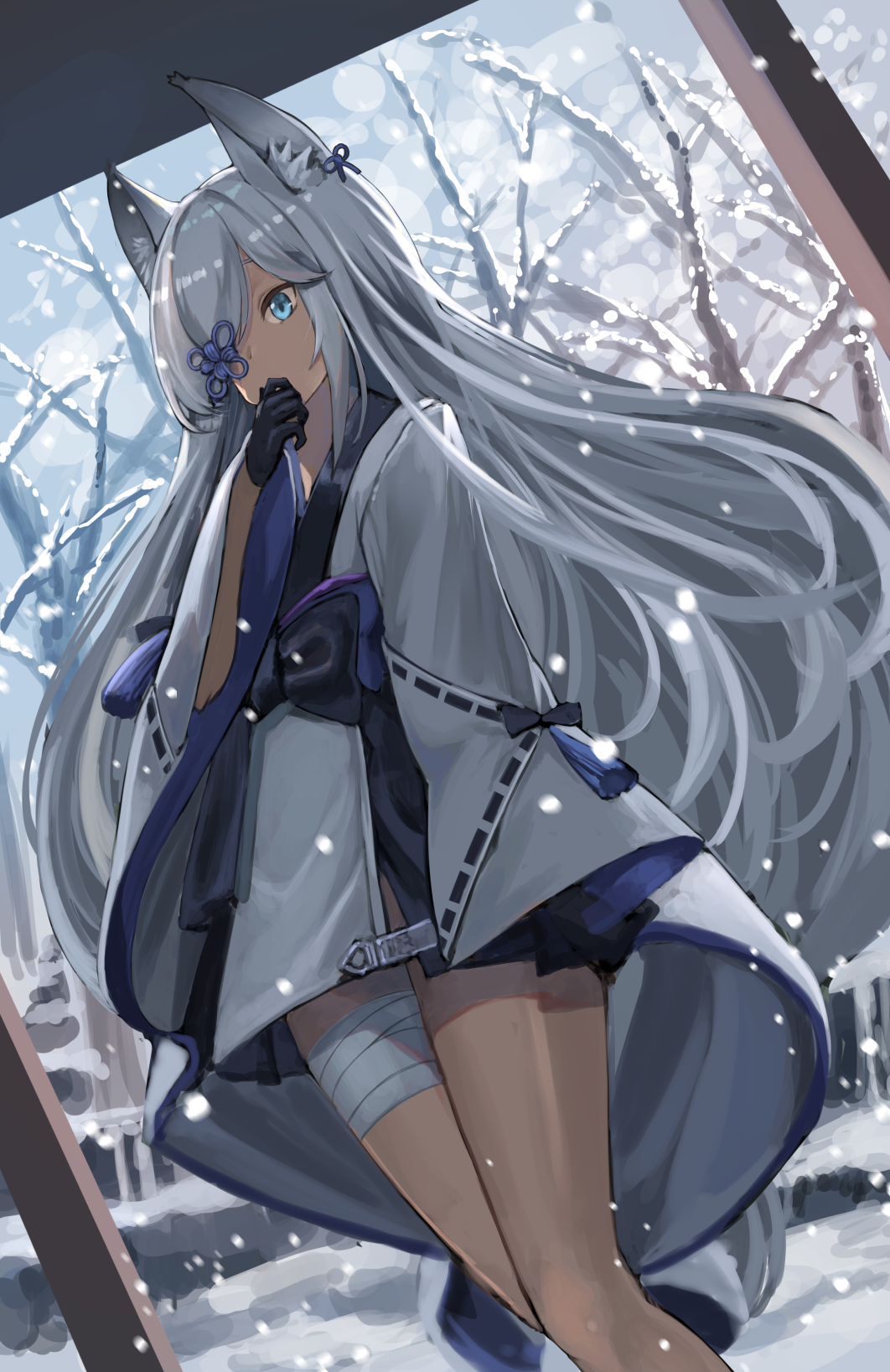 Safebooru - 1girl animal ear fluff animal ears azur lane bandaged leg bandages black gloves blue ...