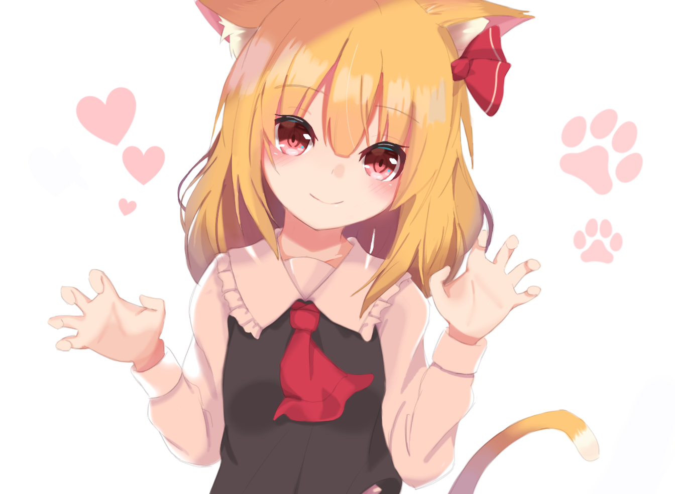 Safebooru - 1girl animal ears arms up black vest blonde hair blush cat ears cat tail claw pose ...