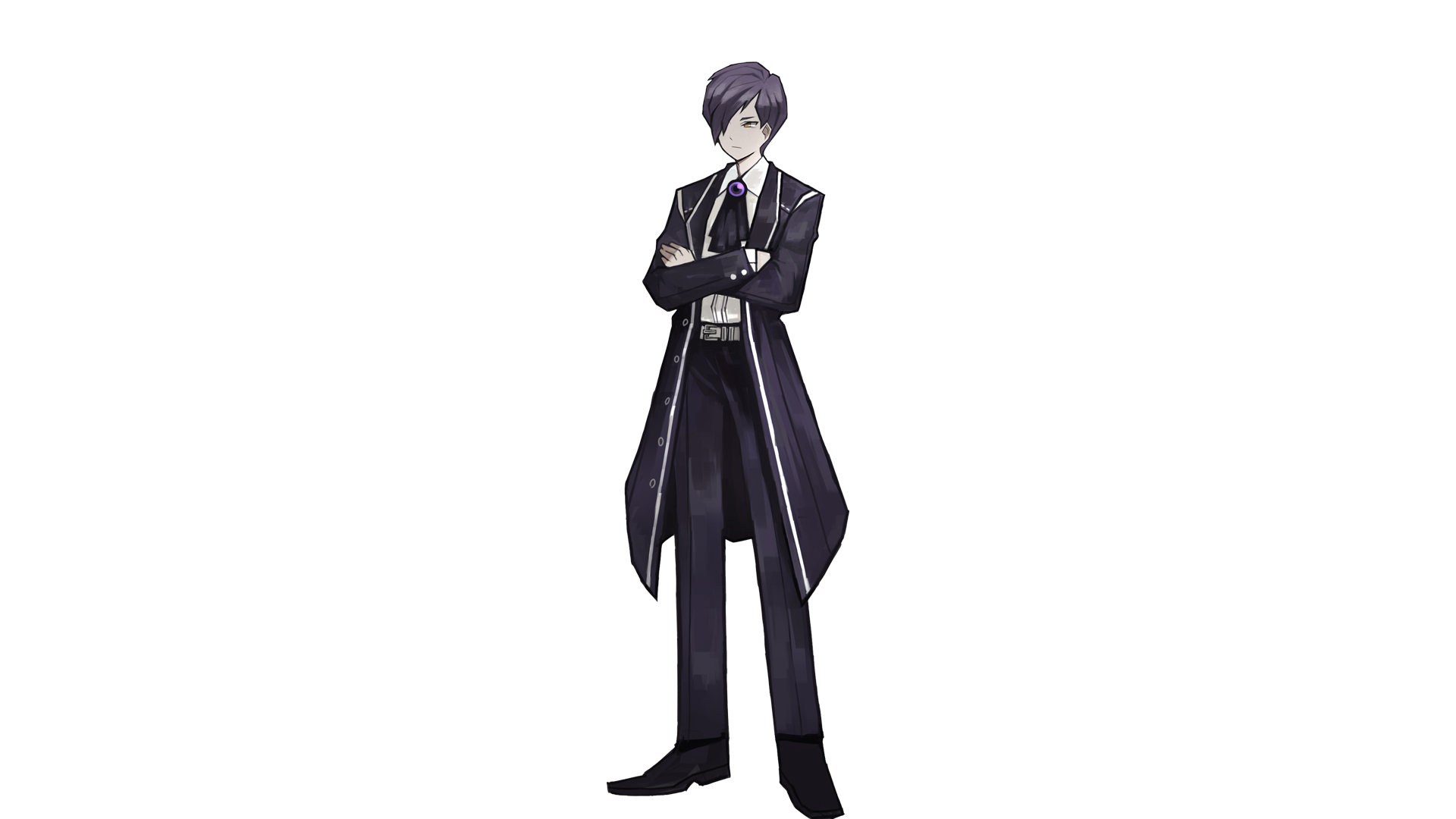 Safebooru - 1boy belt brooch coat crossed arms hair over one eye ...