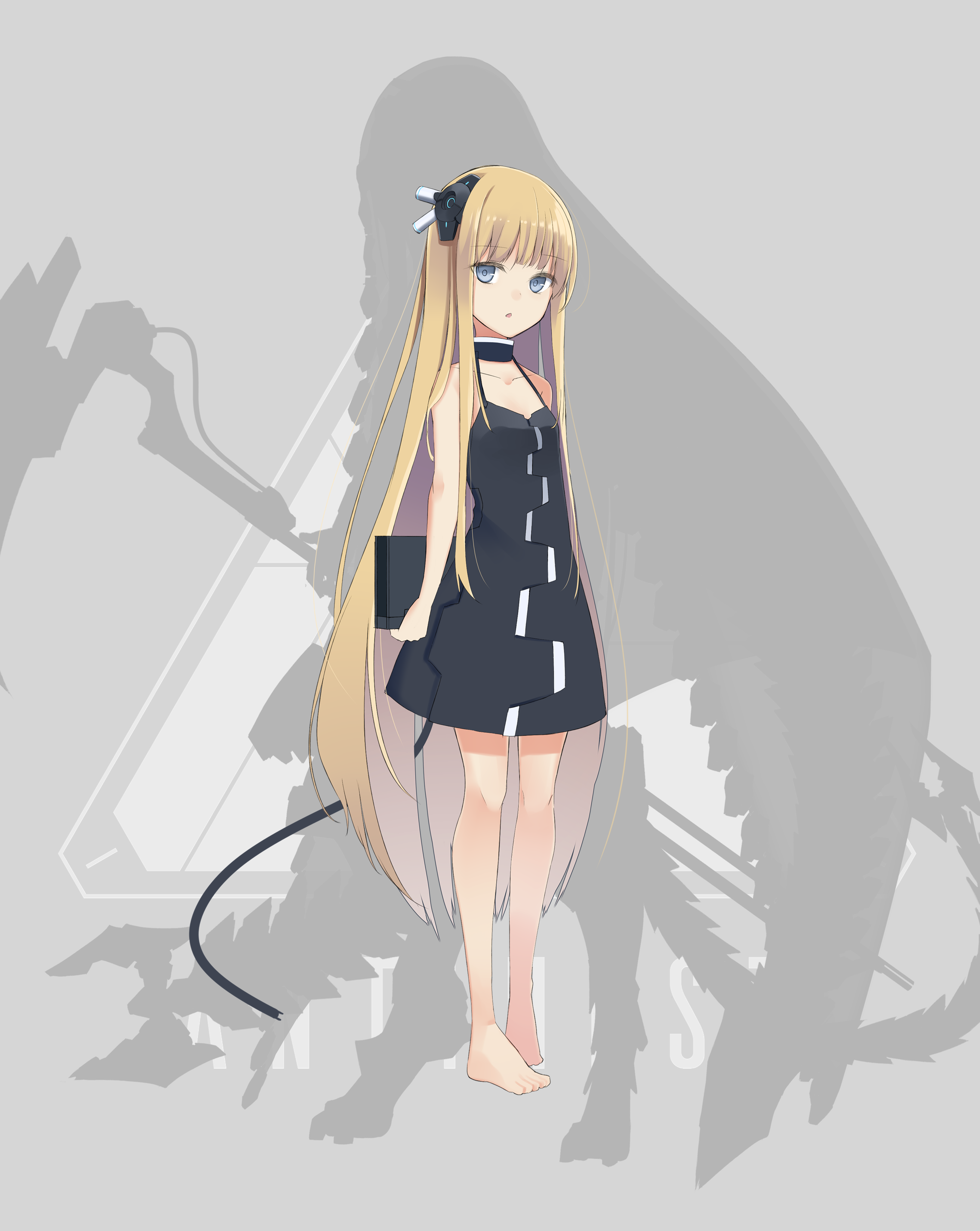 Safebooru - 1girl absurdres bangs bare arms bare shoulders barefoot black dress blonde hair blue ...