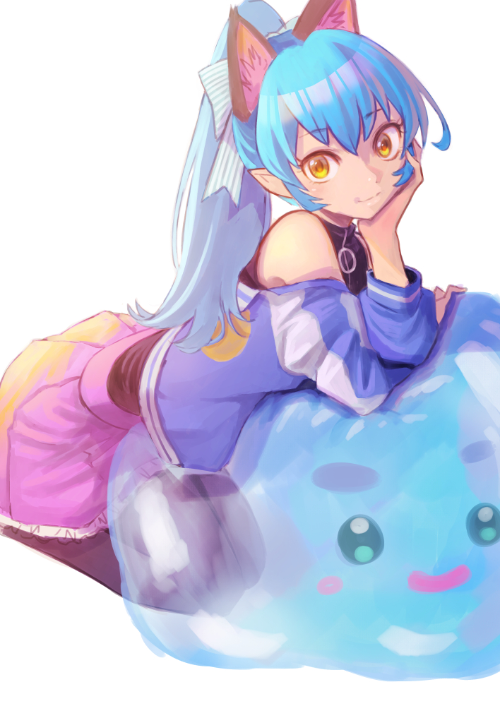 Safebooru - 1girl animal ears bangs black legwear blue hair bow cat ears closed mouth eyebrows ...