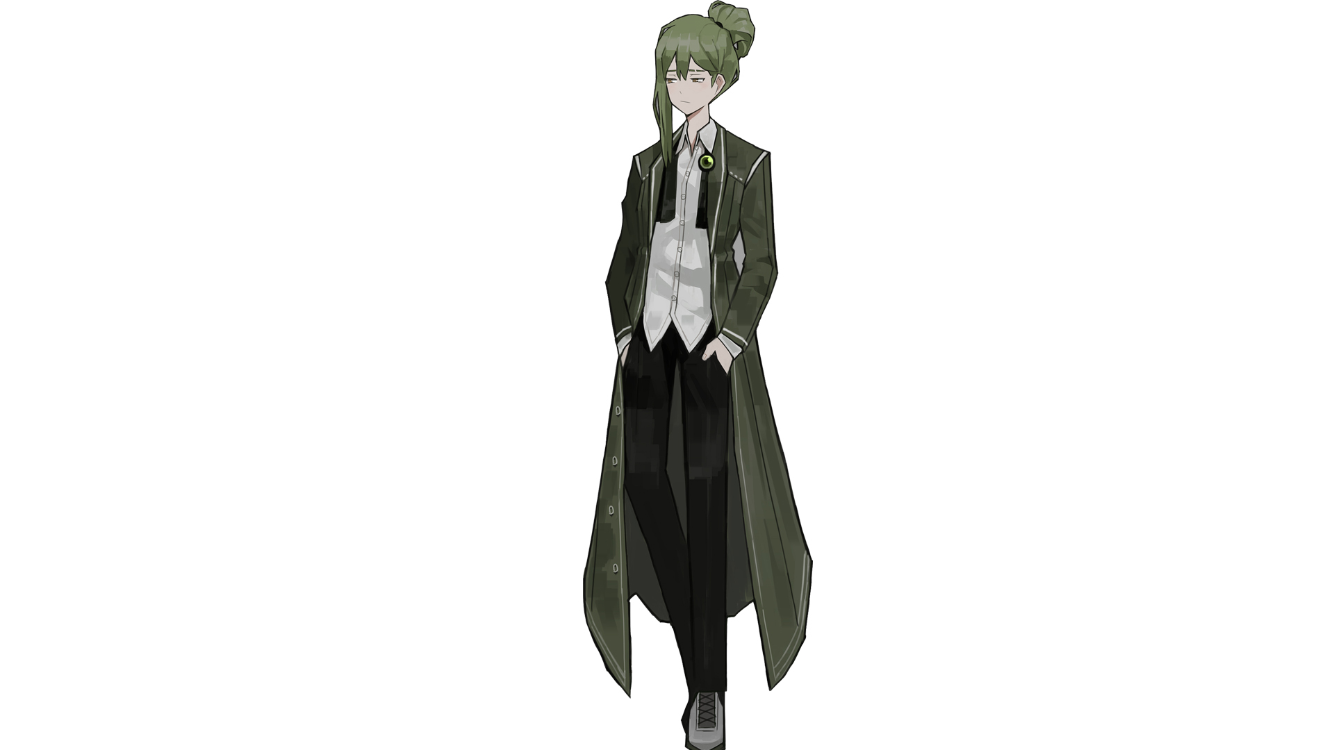 Safebooru - 1boy brooch buttons coat green hair hands in pockets ...