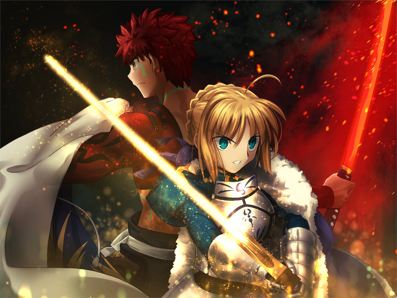 Safebooru - 1boy 1girl ahoge armor armored dress artoria pendragon (all) back-to-back bangs ...