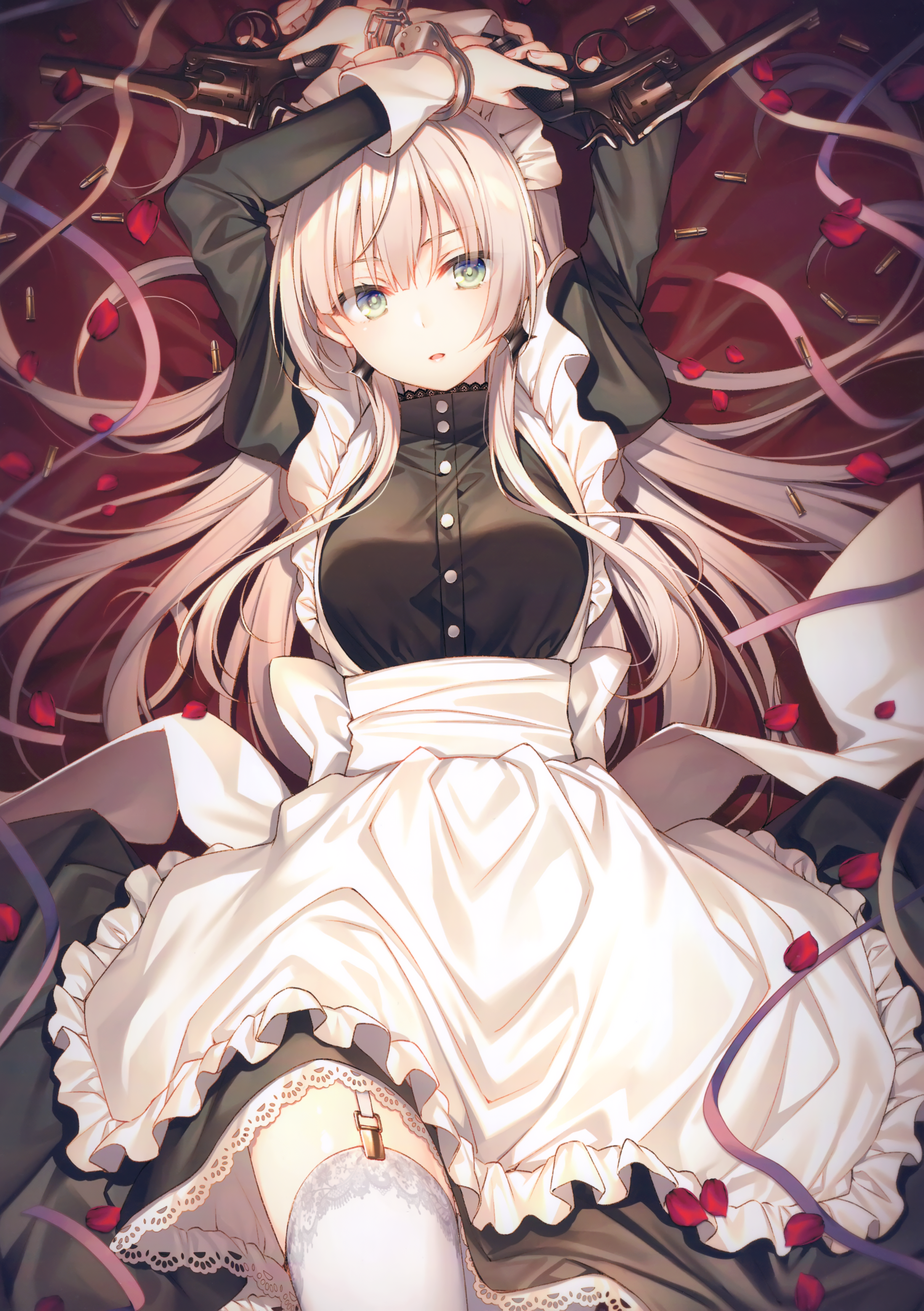 Safebooru - 1girl absurdres apron arms up bed sheet black dress breasts bullet buttons cuffs ...