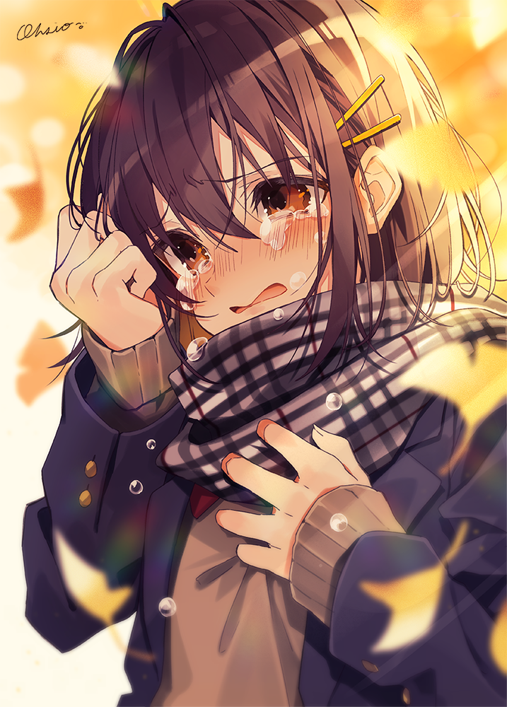 Safebooru - 1girl black jacket black scarf blazer blurry blurry background blush brown eyes ...