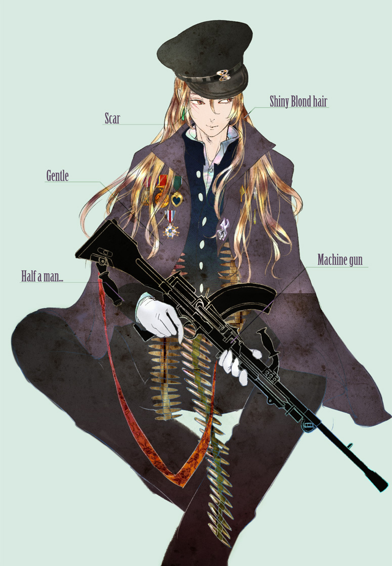 Safebooru - 1boy black cape black headwear black jacket black pants blue background brown eyes ...