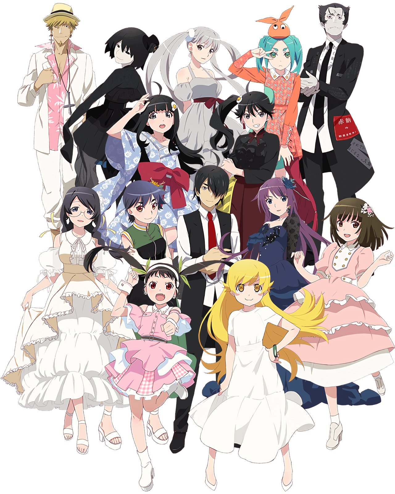 Safebooru - 3boys 6+girls aqua hair araragi karen araragi koyomi araragi tsukihi dress hachikuji ...