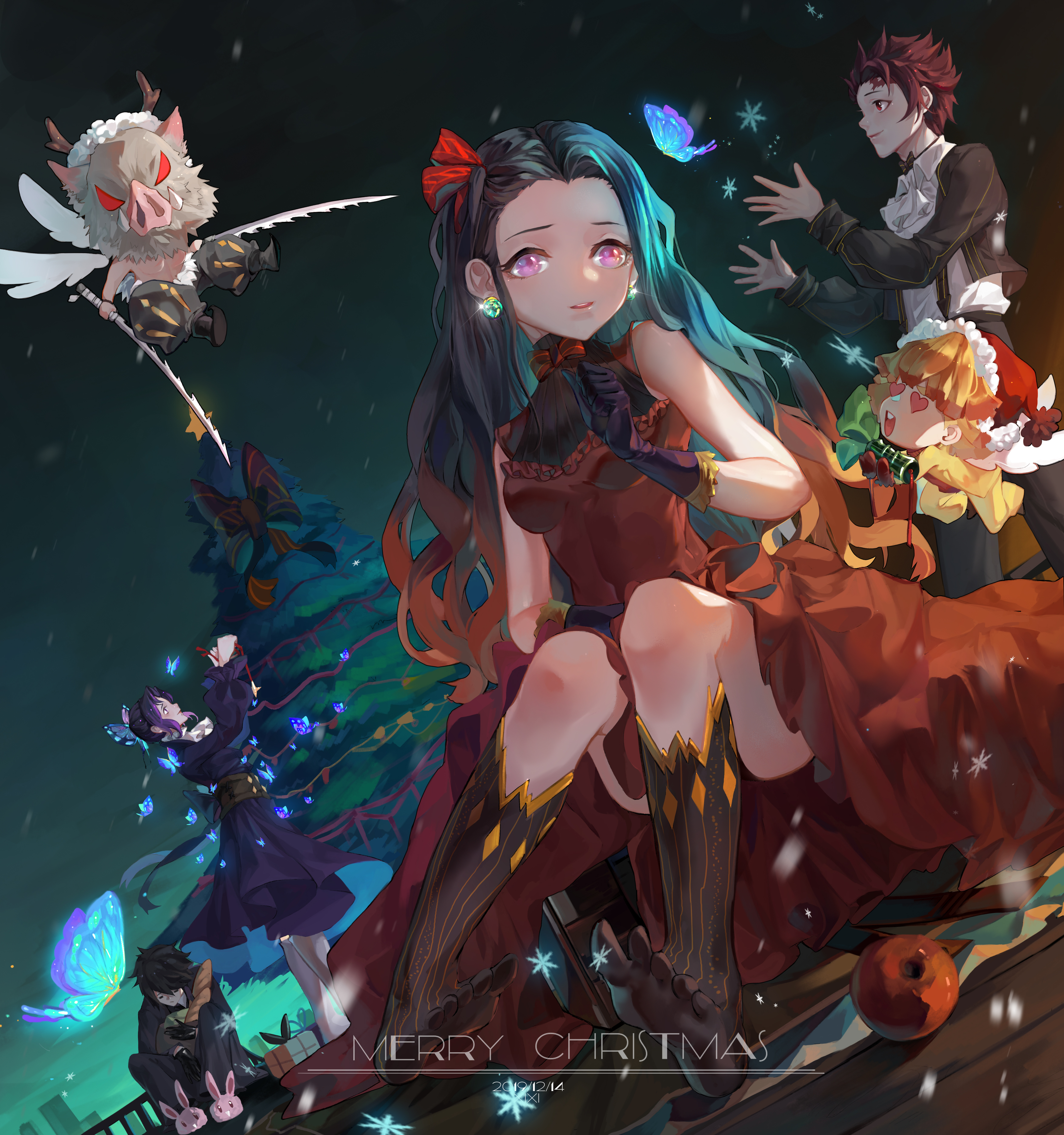 Safebooru - 2girls 4boys absurdres agatsuma zenitsu alternate costume arms up black gloves black ...