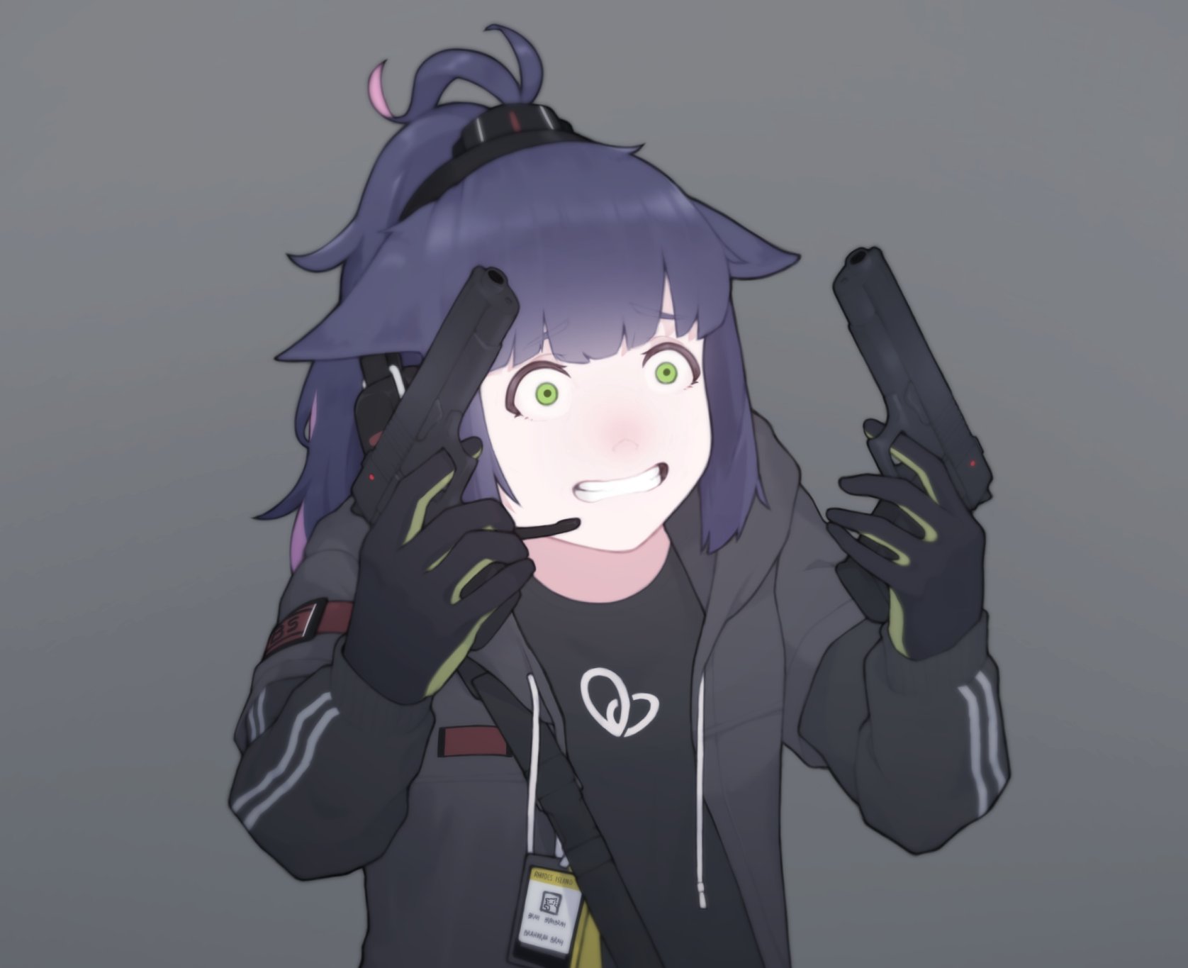 Safebooru - 1girl animal ears arknights crazy eyes crazy smile dark blue hair dual wielding ...