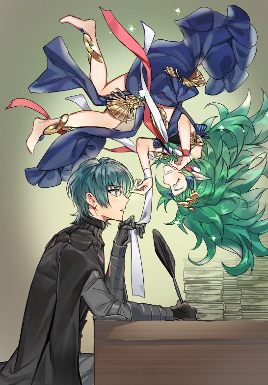 Safebooru - 1boy 1girl armor barefoot black gloves blue eyes blue hair braid burbur fe byleth ...