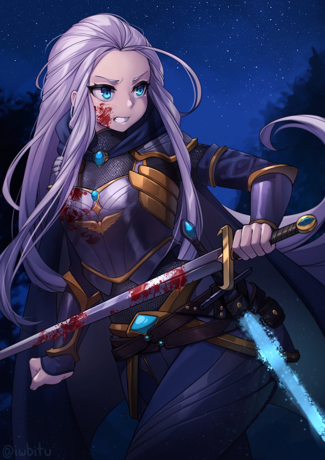 Safebooru - 1girl armor artist name belt black cape blood blood on face bloody weapon blue eyes ...