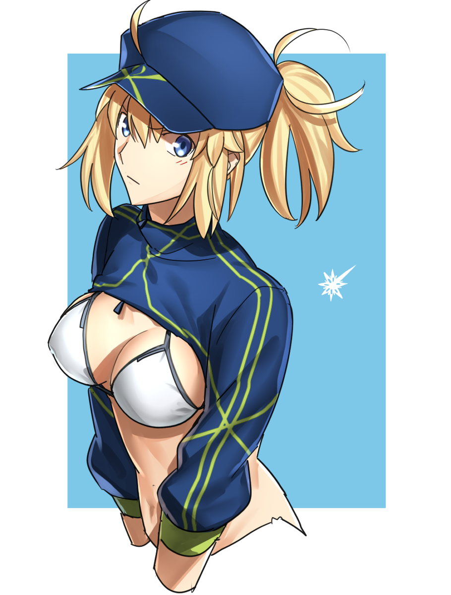 Safebooru - 1girl artoria pendragon (all) bangs baseball cap blonde hair blue background blue ...