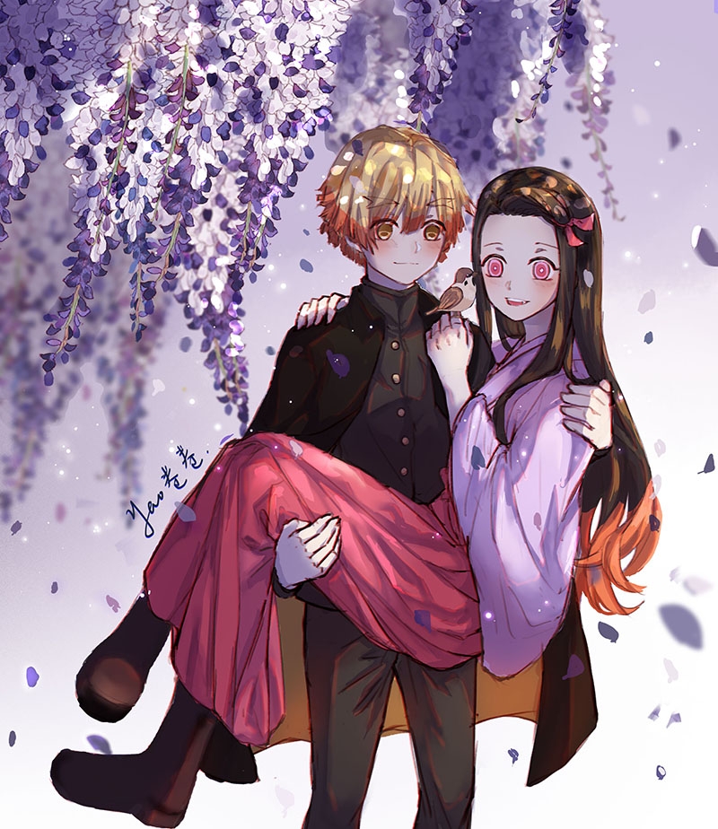 Safebooru - 1boy 1girl :d agatsuma zenitsu bird bird on hand black hair ...