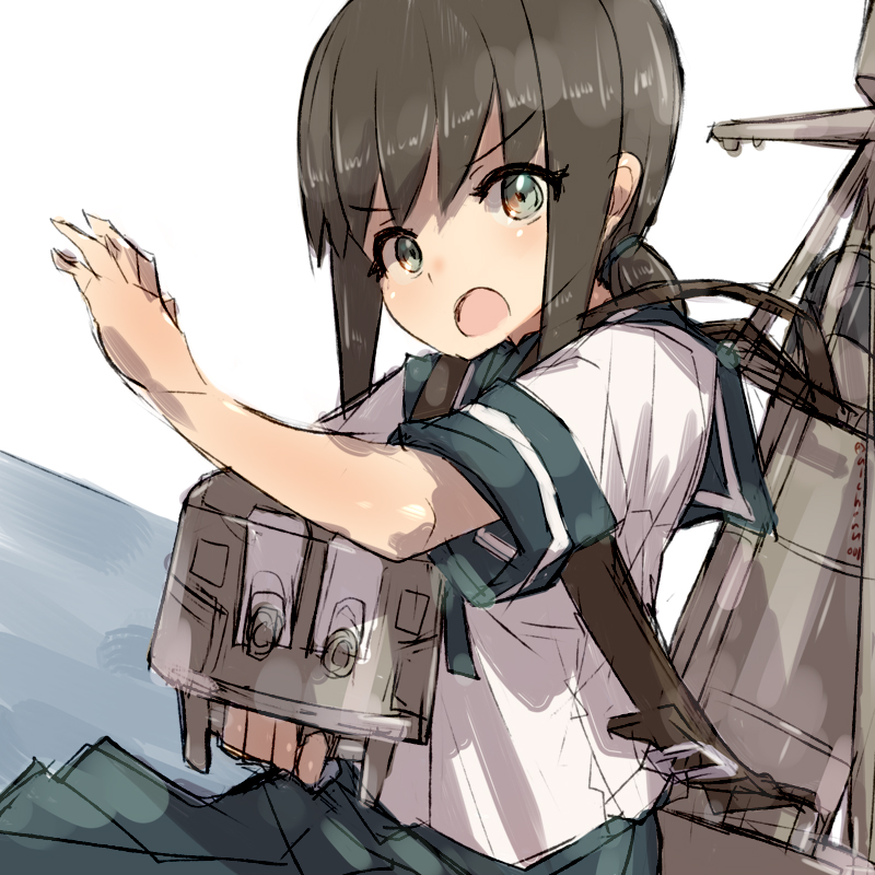 Safebooru - 1girl adapted turret aiming alchera black eyes black hair blue sailor collar blue ...