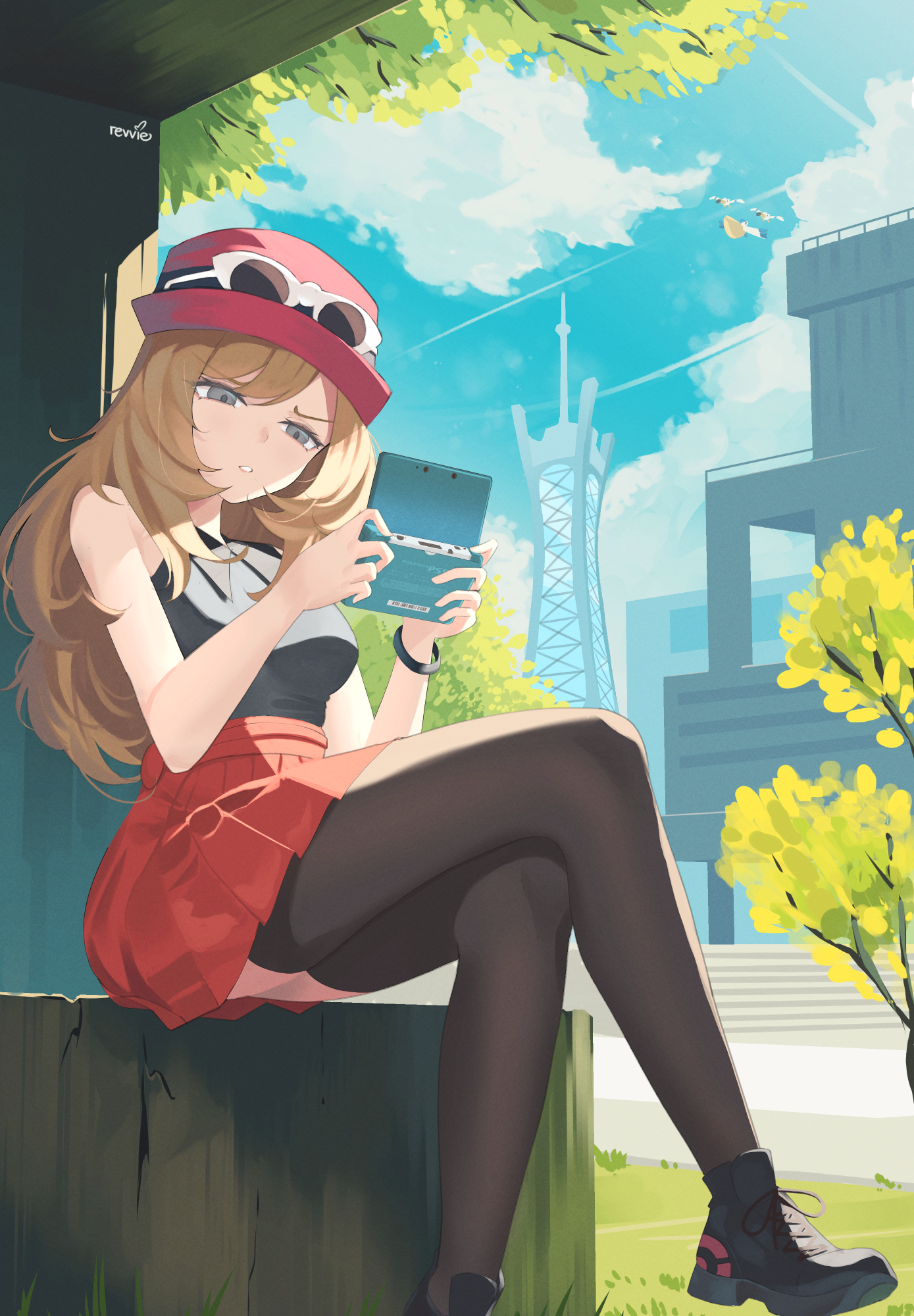 Safebooru - 1girl bird black shirt black thighhighs blonde hair blue ...