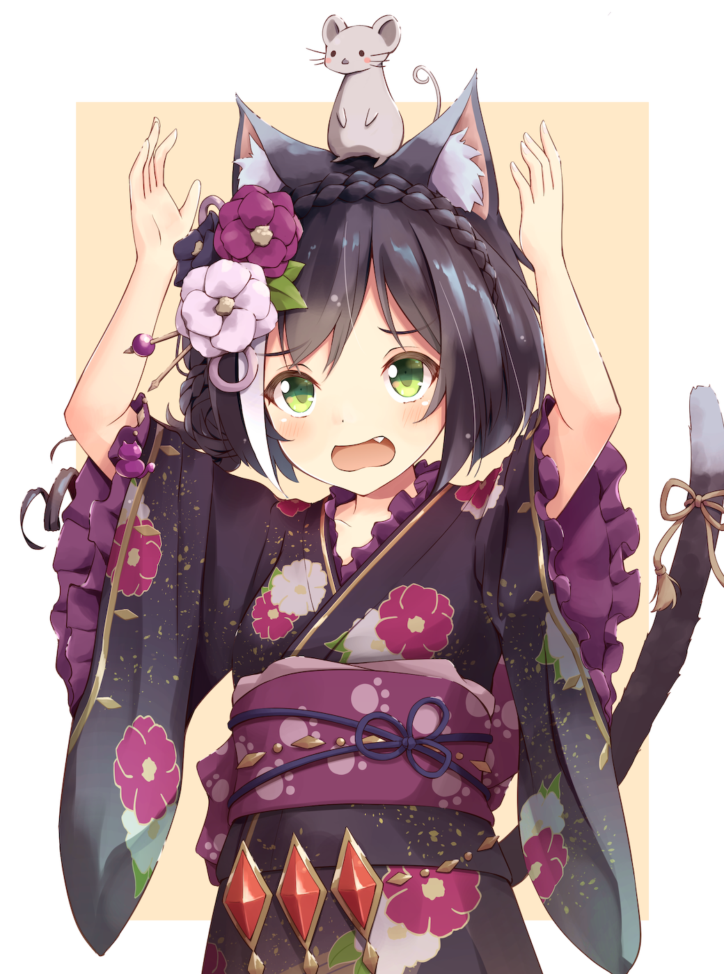 Safebooru - 1girl animal animal ear fluff animal ears animal on head arms up bangs black flower ...