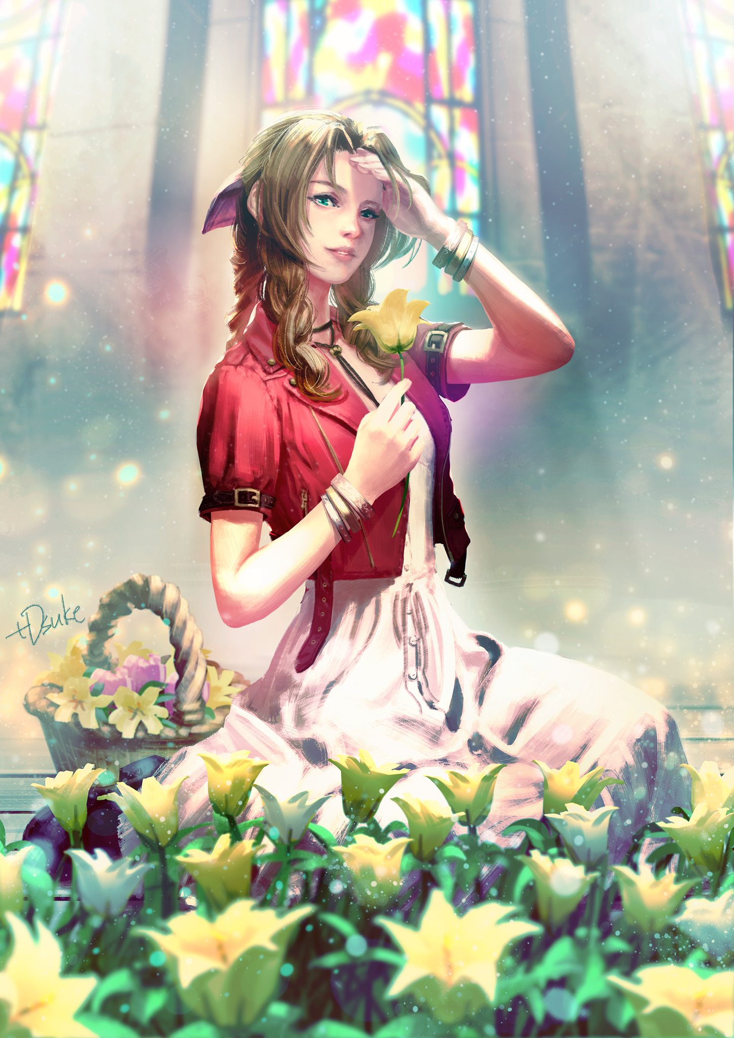 Safebooru - 1girl aerith gainsborough bow braid breasts brown hair commentary request cropped ...