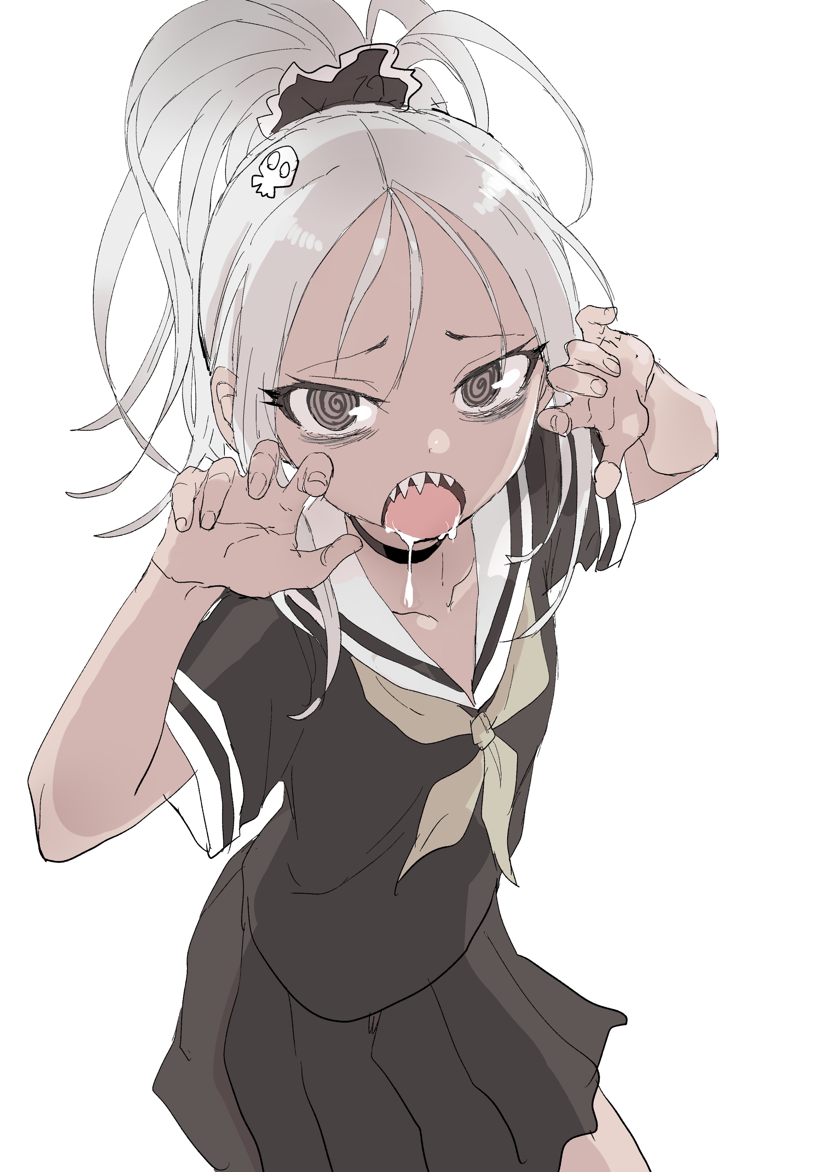 Safebooru - 1girl :o @ @ absurdres bangs black shirt black skirt brown eyes brown neckwear claw ...