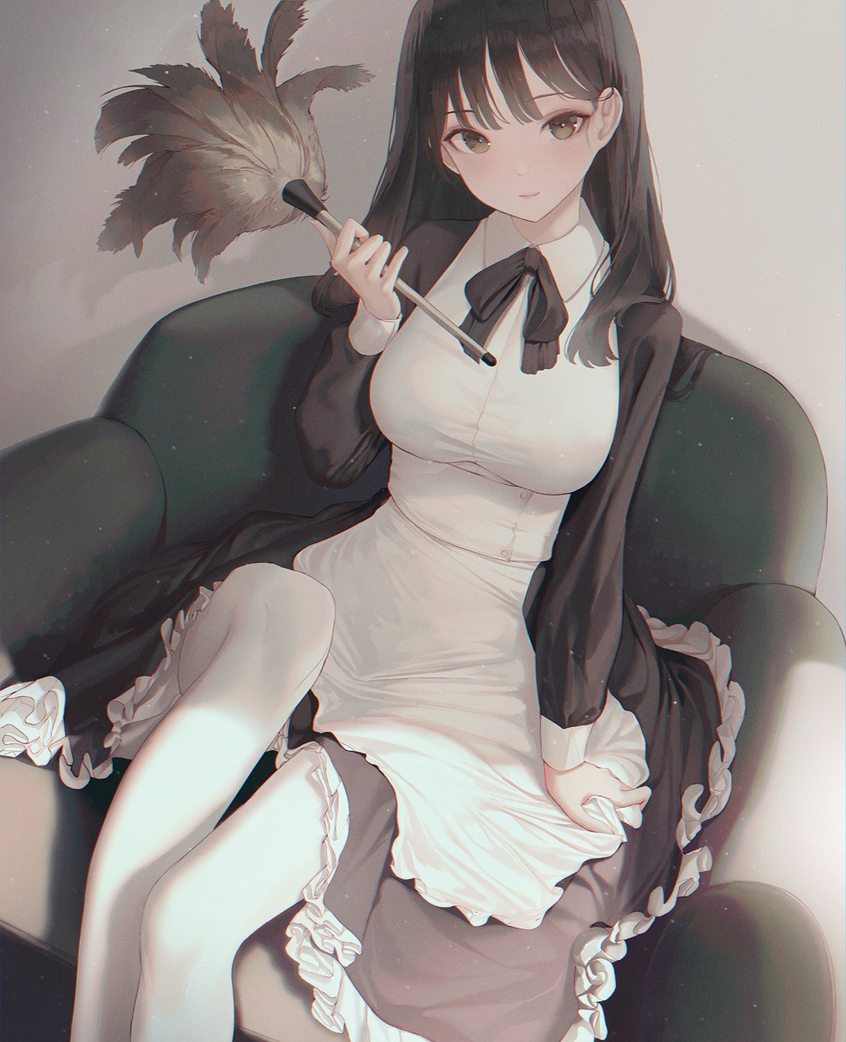 Safebooru - 1girl apron bangs black dress black hair black neckwear breasts brown eyes chair ...